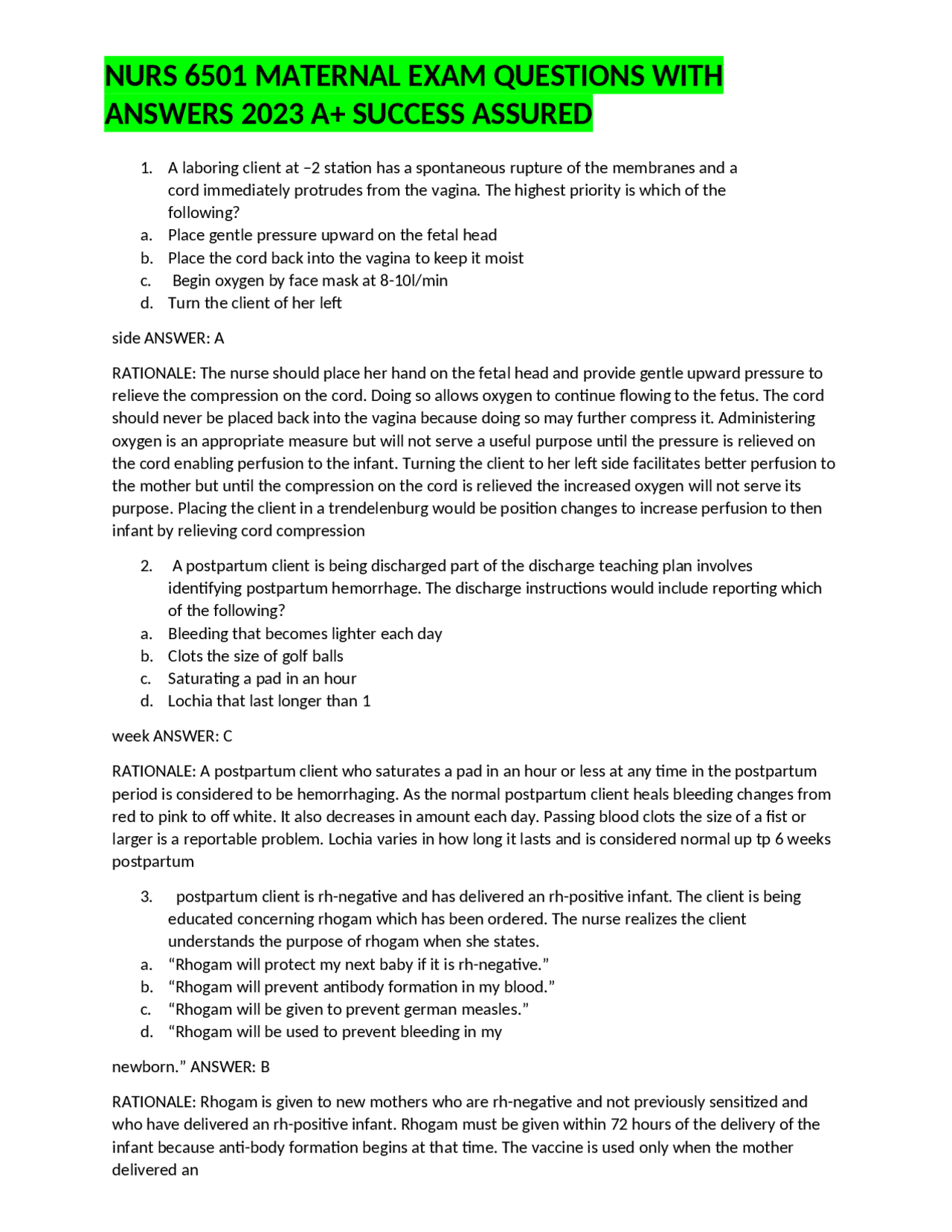 Nurs 6501 Maternal Exam Questions With Answers 2023 A Success Assured