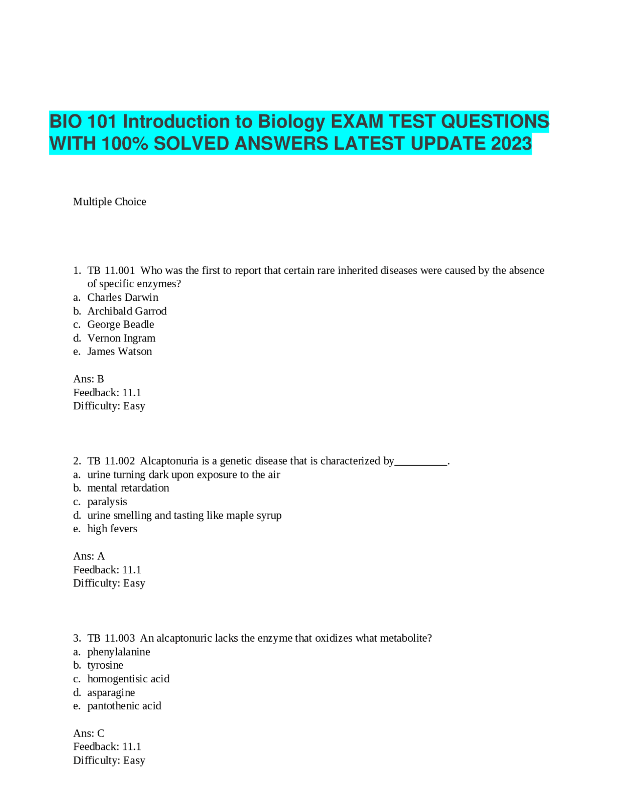 Bio 101 Introduction To Biology Exam Test Questions With 100 Solved