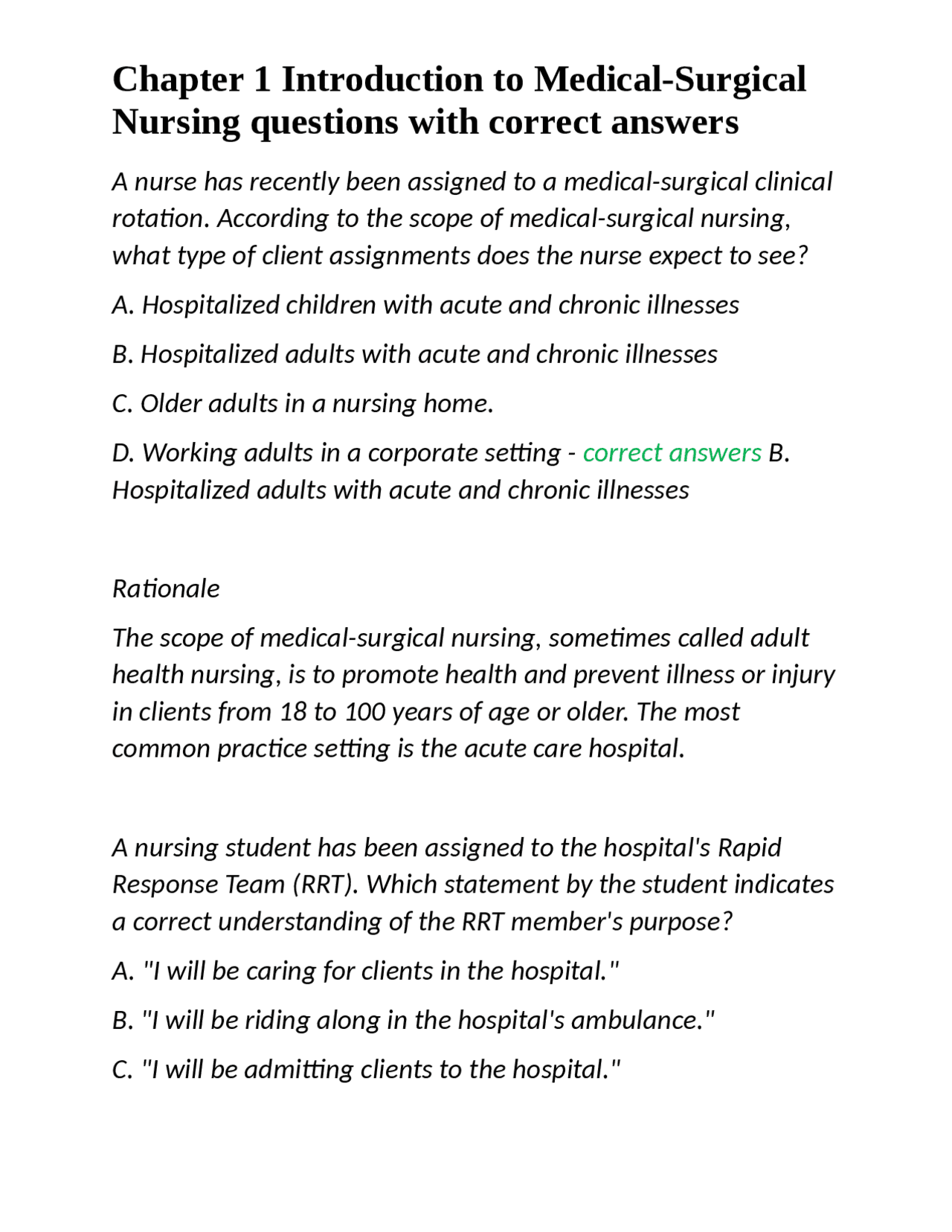 Chapter 1 Introduction To Medical Surgical Nursing Questions With