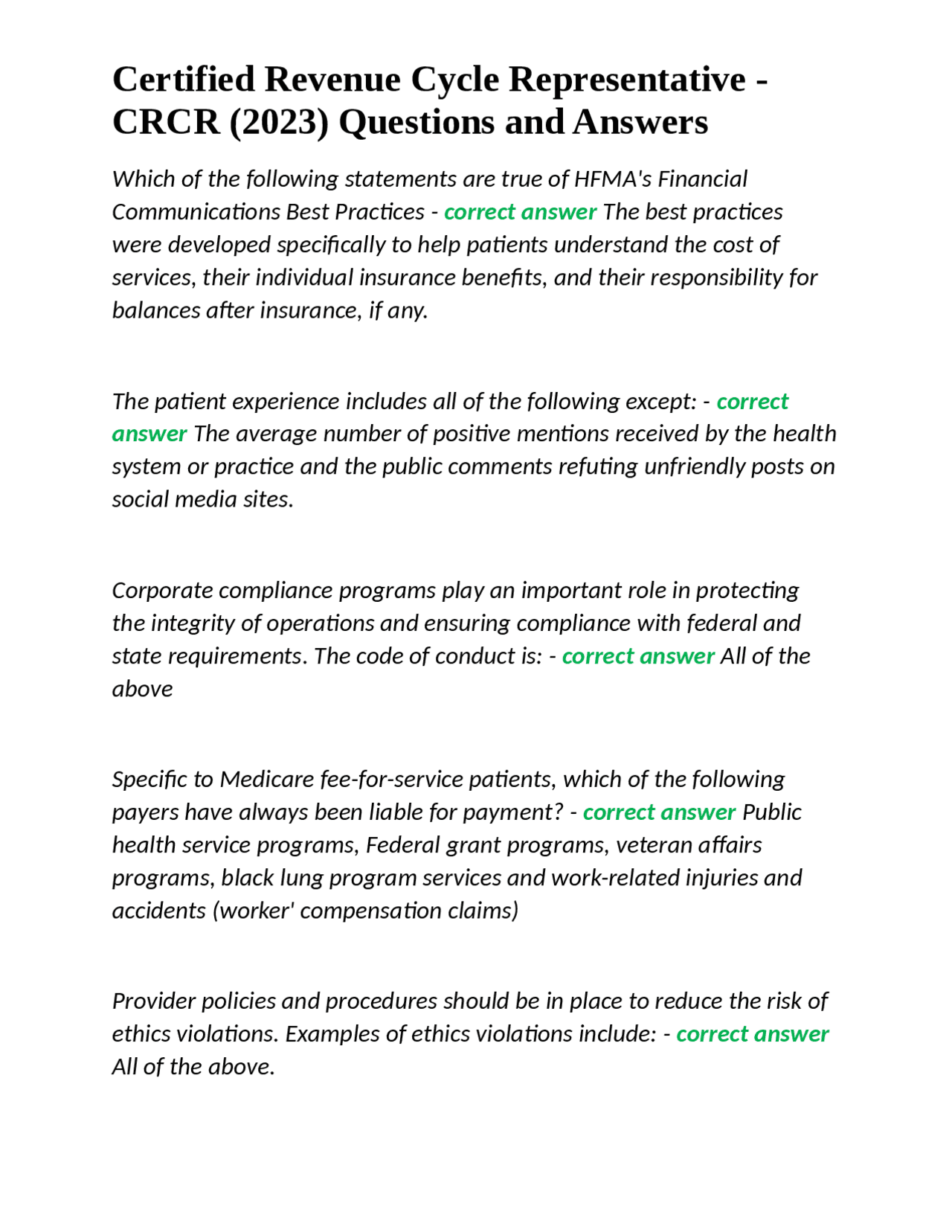 Certified Revenue Cycle Representative - CRCR (2023) Questions and Answers | Exams Nursing | Docsity