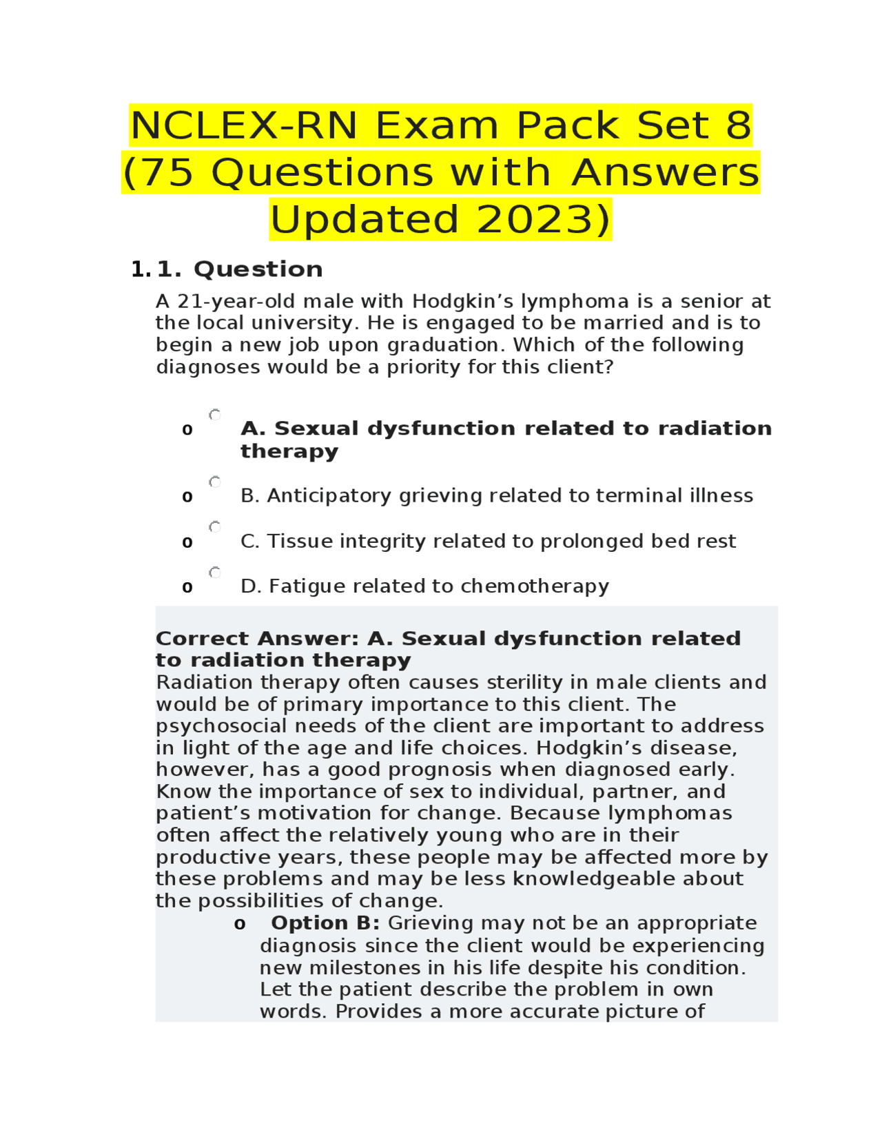 NCLEX-RN Exam Pack Set 8 (75 Questions with Answers Updated 2023) | Exams Nursing | Docsity