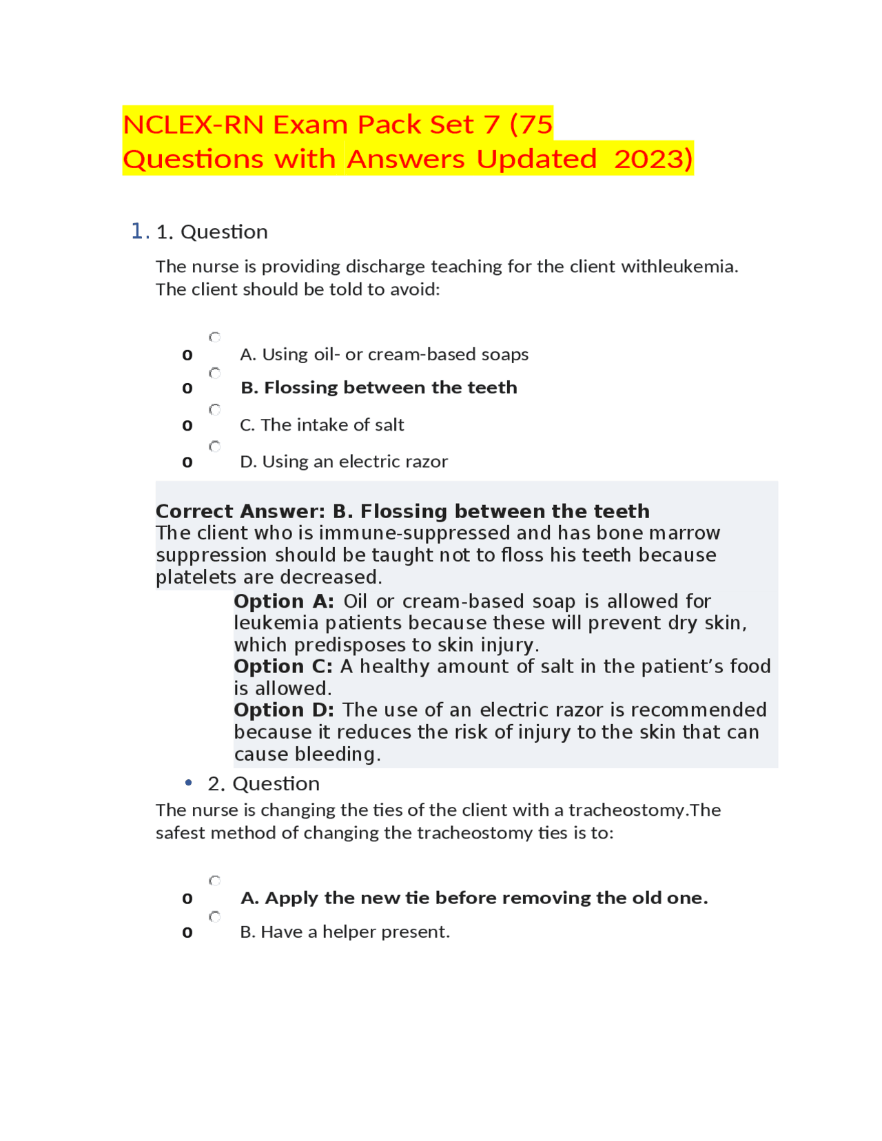 NCLEX-RN Exam Pack Set 7 (75 Questions with Answers Updated 2023) | Exams Nursing | Docsity