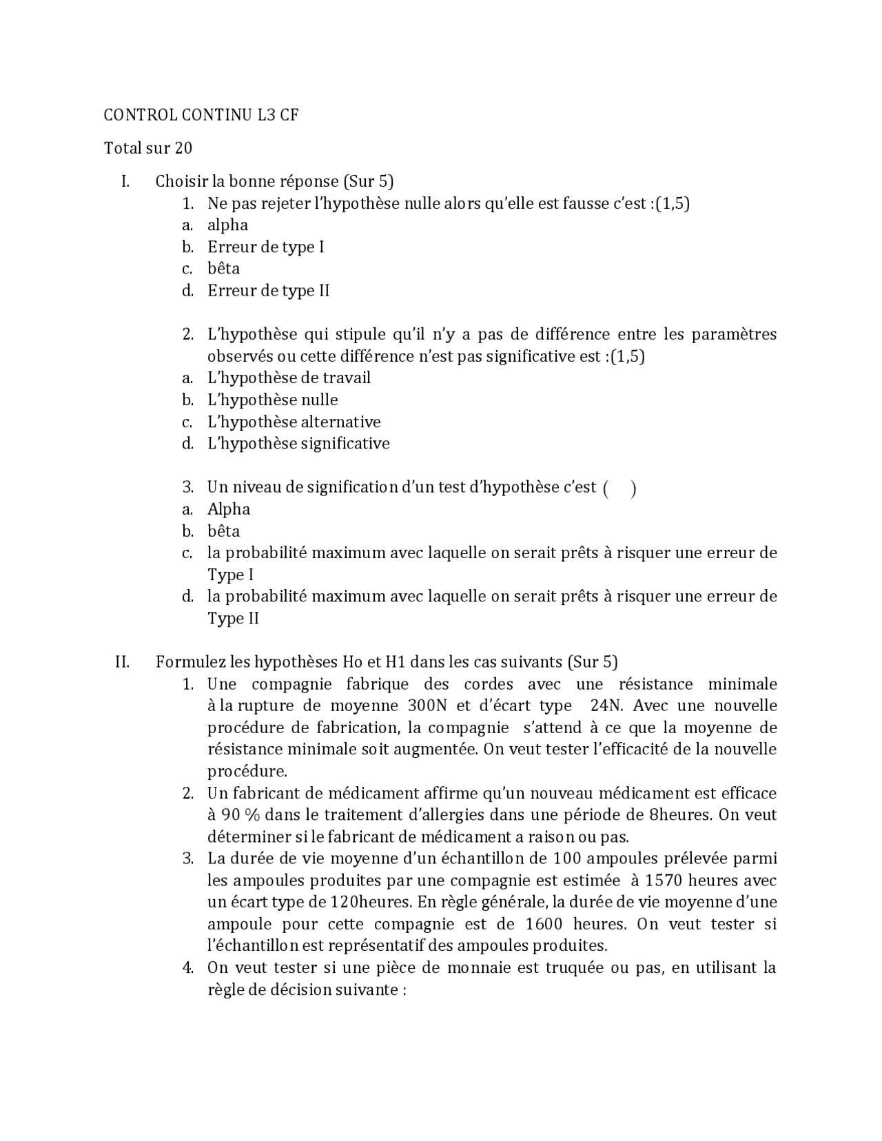 Exercices De Test Statistiques Exercises Statistics Docsity