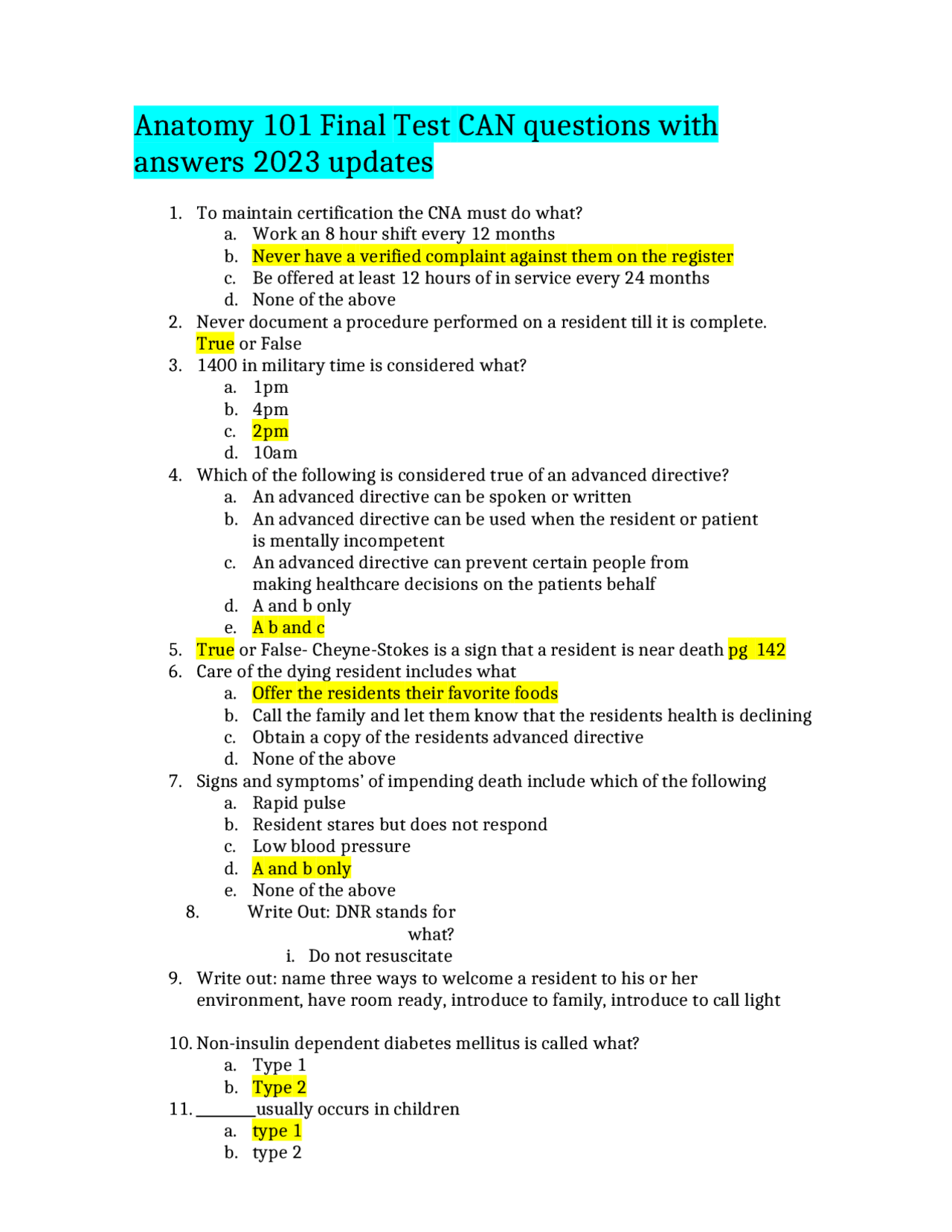 Anatomy 101 Final Test CAN questions with answers 2023 updates | Exams ...