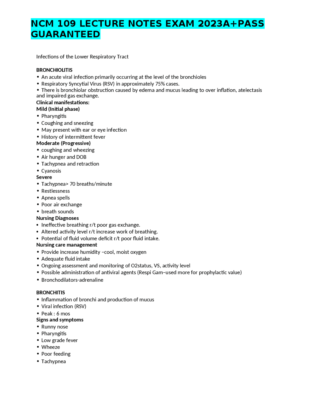 Infections of the Lower Respiratory Tract: NCM 109 Lecture Notes Exam ...