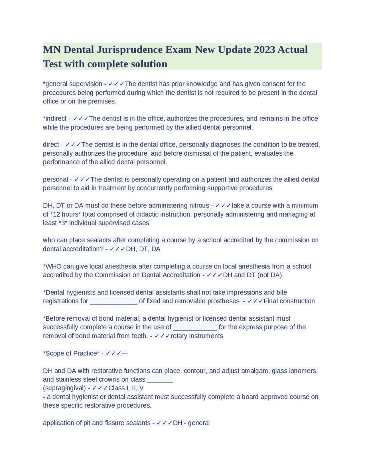 MN Dental Jurisprudence Exam New Update 2023 Actual Test with complete ...