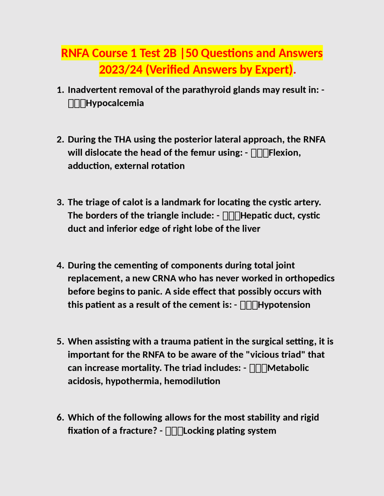 RNFA Course 1 Test 2B |50 Questions and Answers 2023/24 (Verified ...