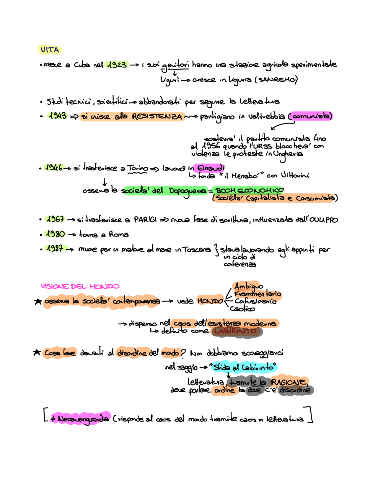 Italo Calvino - vita - opere - tematiche | Schemi e mappe concettuali di Italiano | Docsity