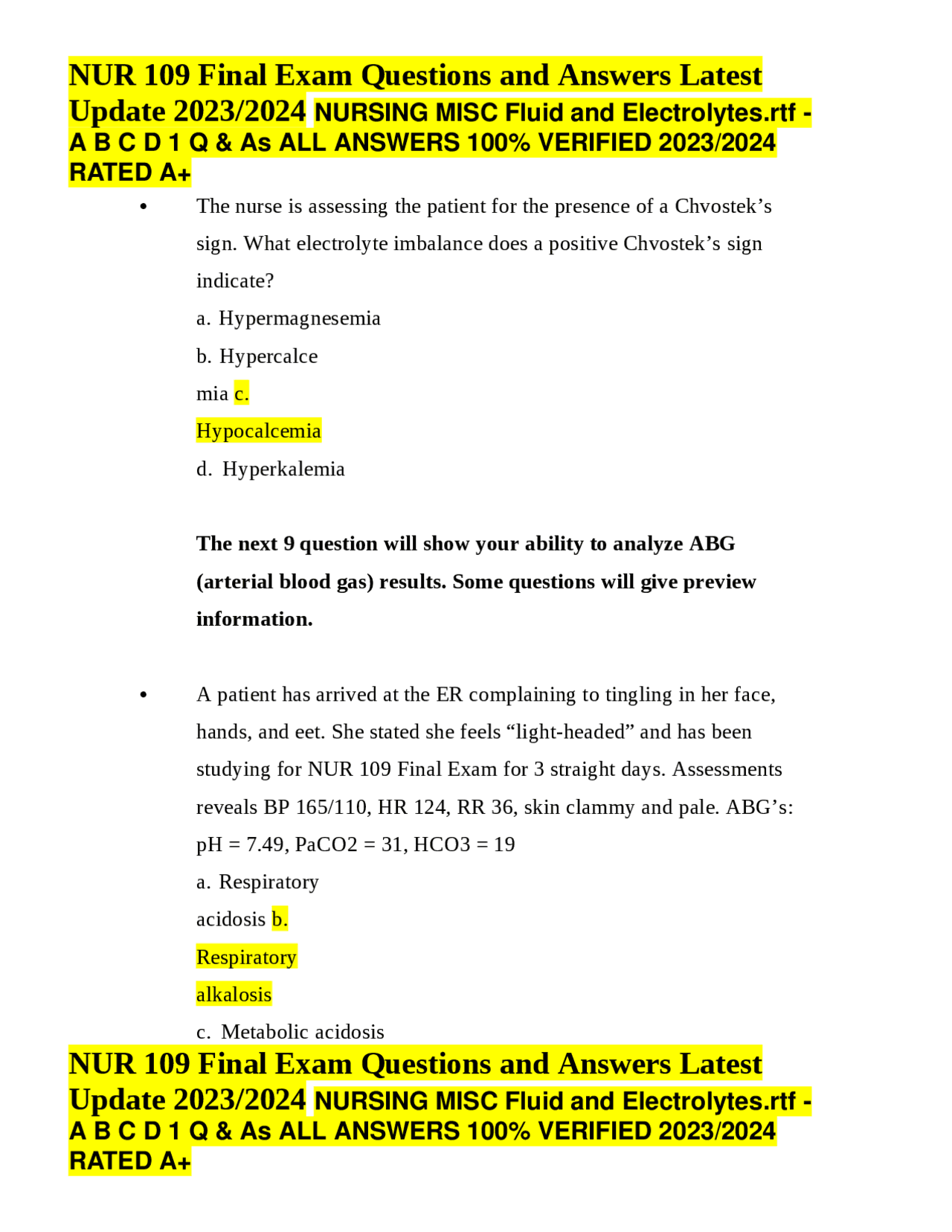 NUR 109 Final Exam Questions and Answers Latest Update 2023/2024 ...