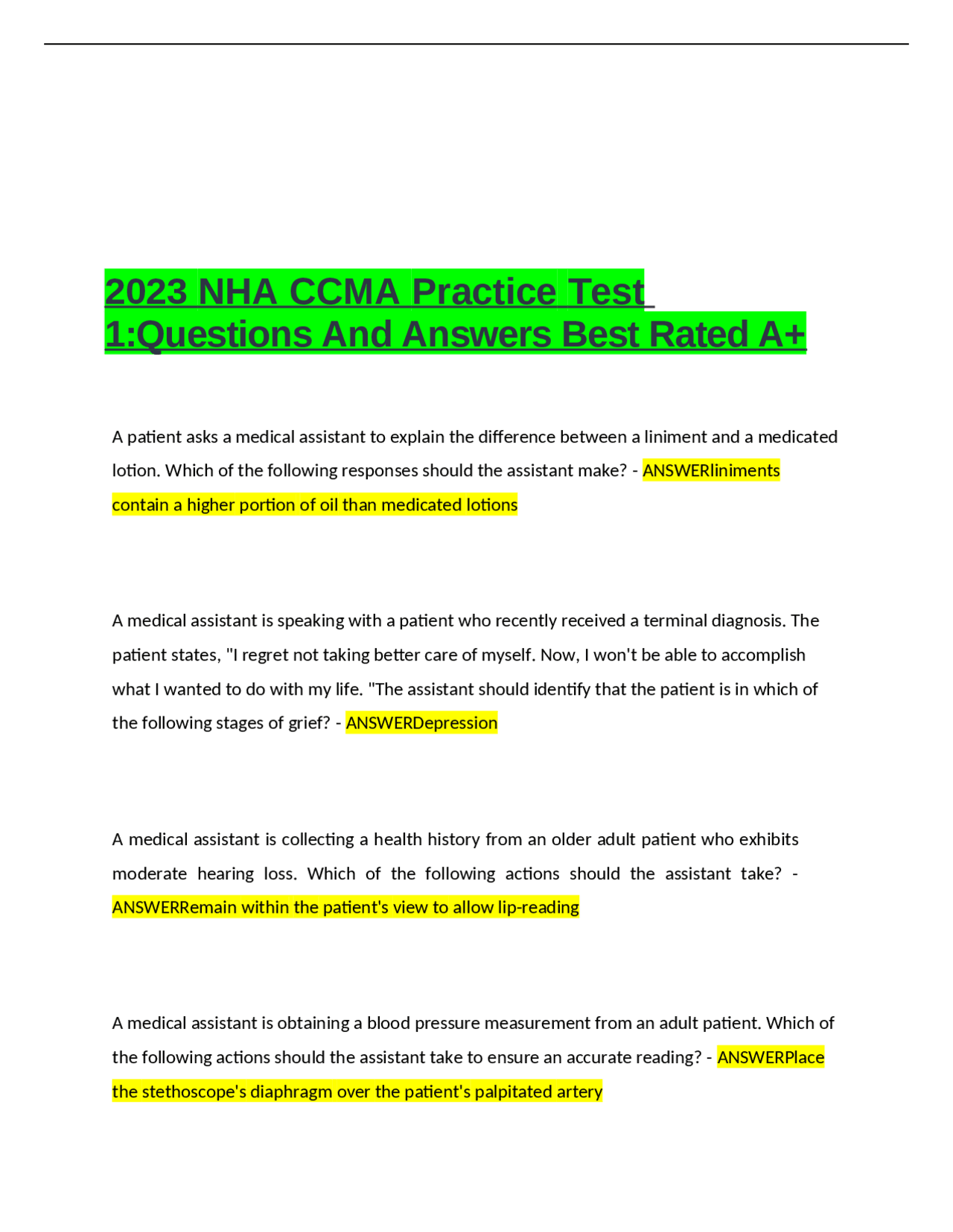 2023 NHA CCMA Practice Test 1:Questions And Answers Best Rated A+ ...