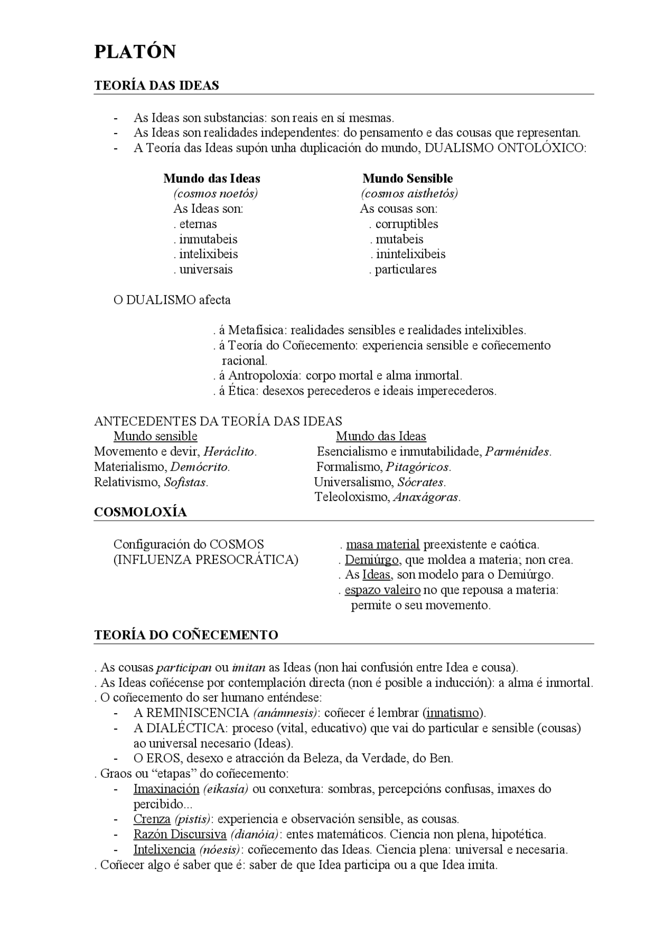 Esquema Platón 2Bachillerato | Esquemas y mapas conceptuales de Historia de la Filosofía | Docsity
