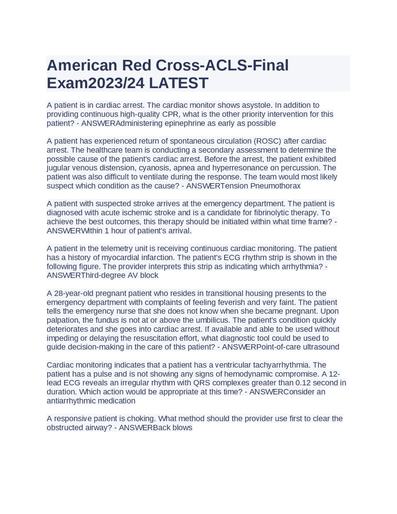 American Red Cross-ACLS-Final Exam2023/24 LATEST | Exams Nursing | Docsity