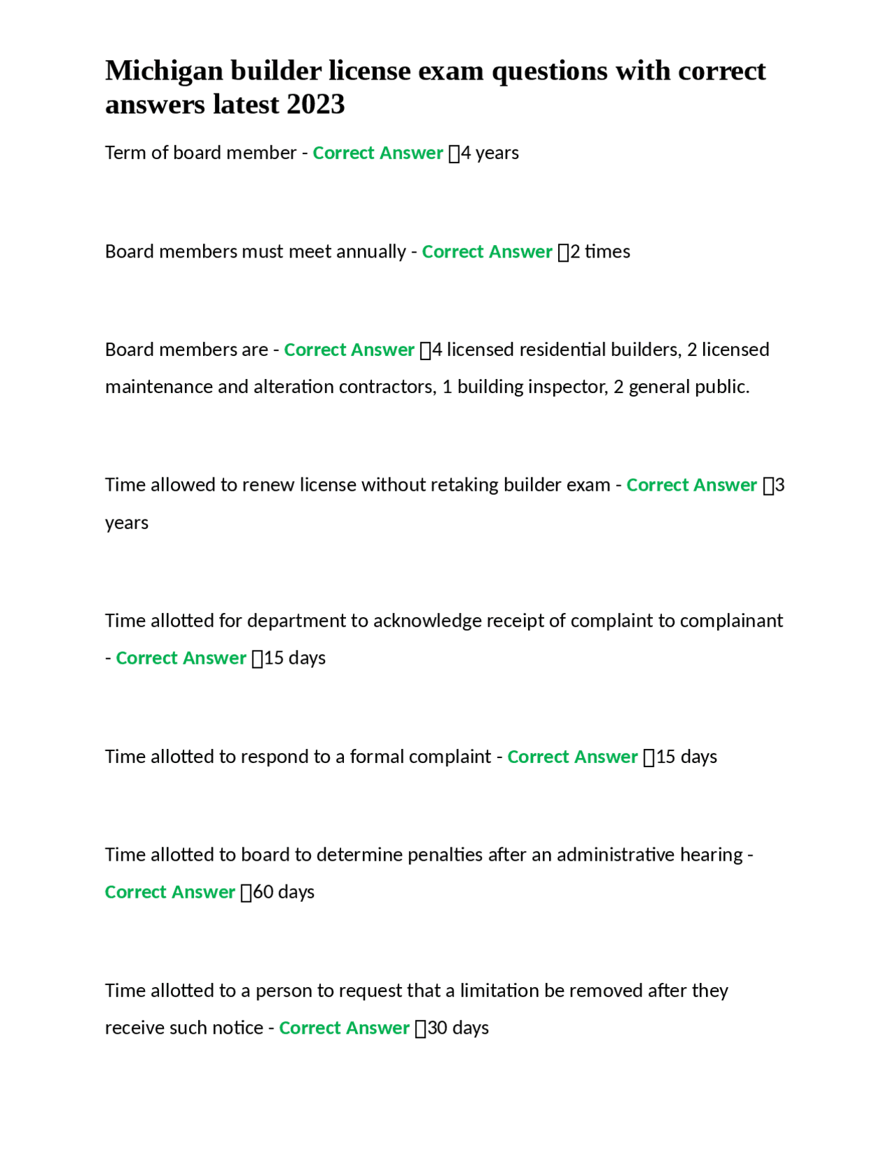 Michigan builder license exam questions with correct answers latest ...