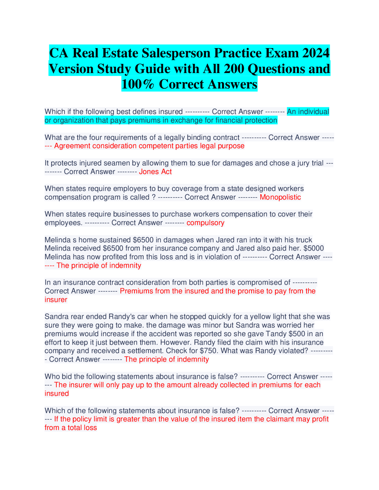 CA Real Estate Salesperson Practice Exam 2024 Version Study Guide with ...