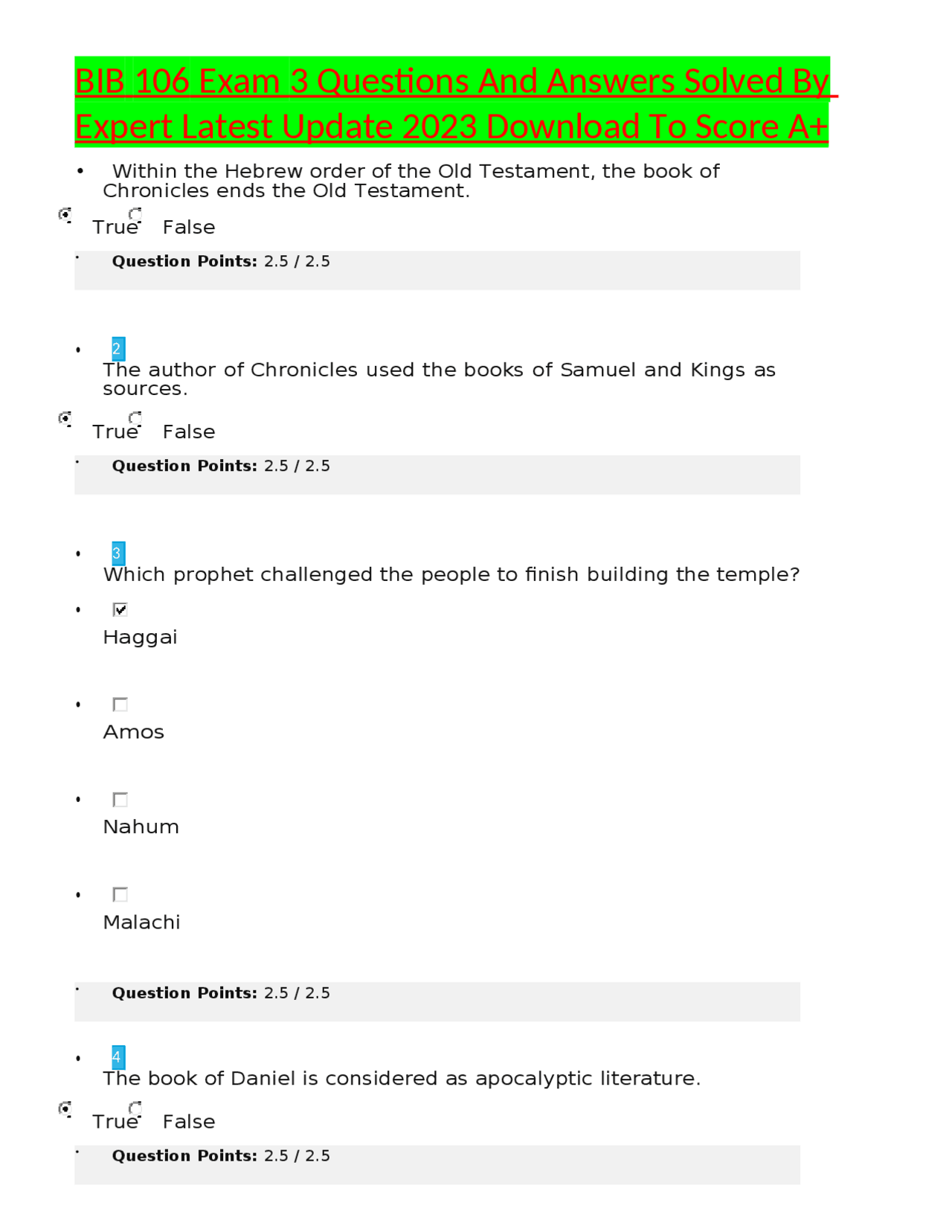 BIB 106 Exam 3 Questions And Answers Solved By Expert Latest Update ...