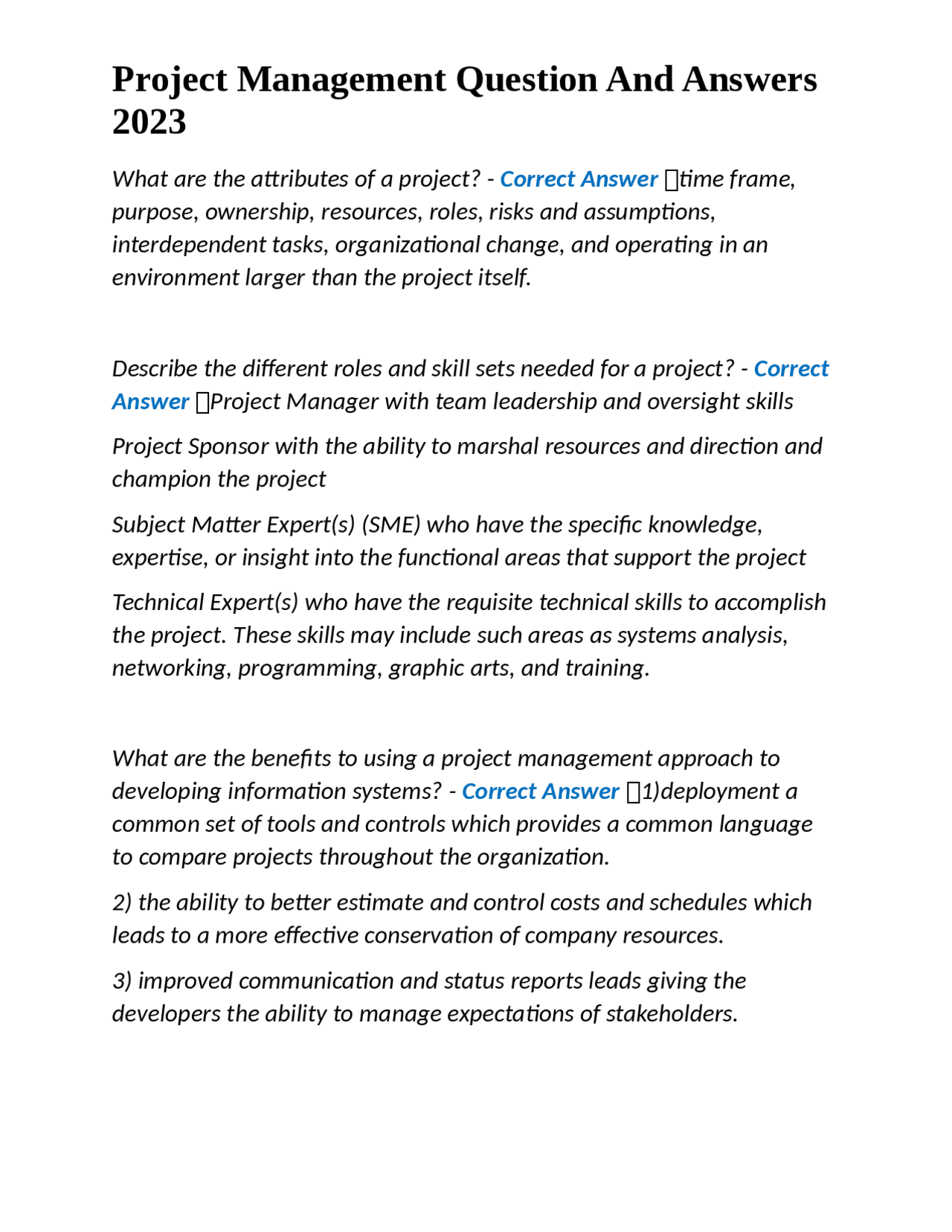 Project Management Question And Answers 2023 | Exams Nursing | Docsity