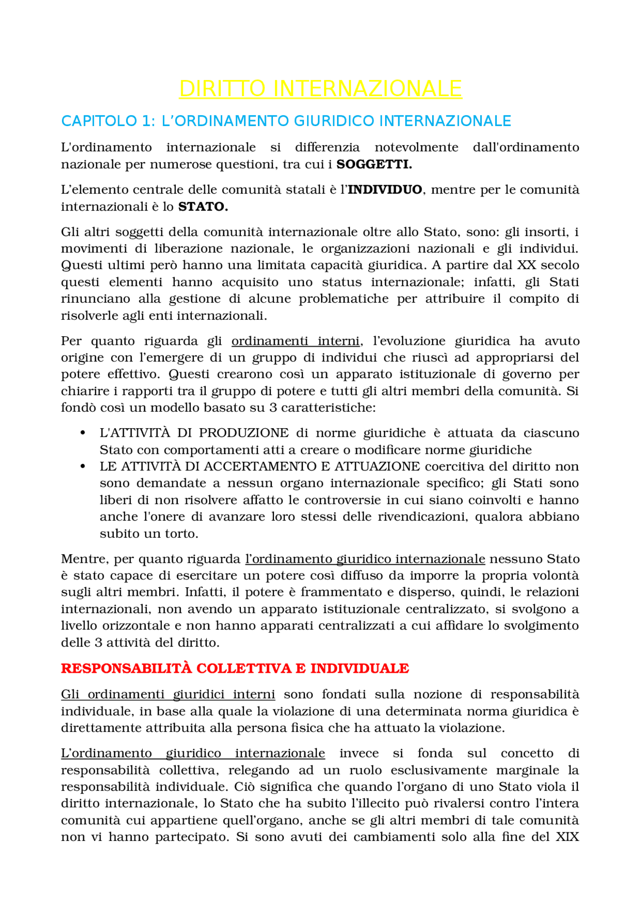 Riassunto diritto internazionale | Schemi e mappe concettuali di Diritto Internazionale | Docsity