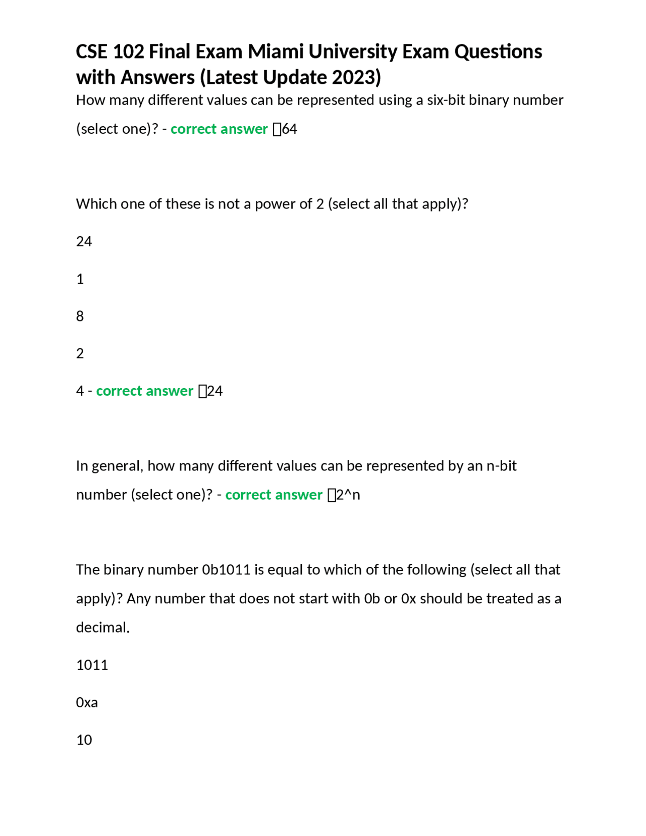 Cse 102 Final Exam Miami University Exam Questions With Answers Latest