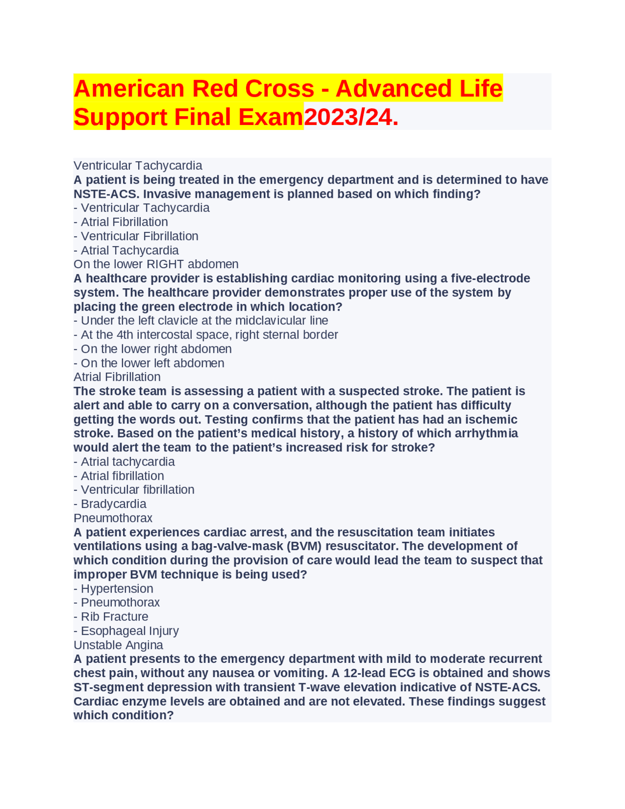 American Red Cross - Advanced Life Support Final Exam2023/24. | Exams ...