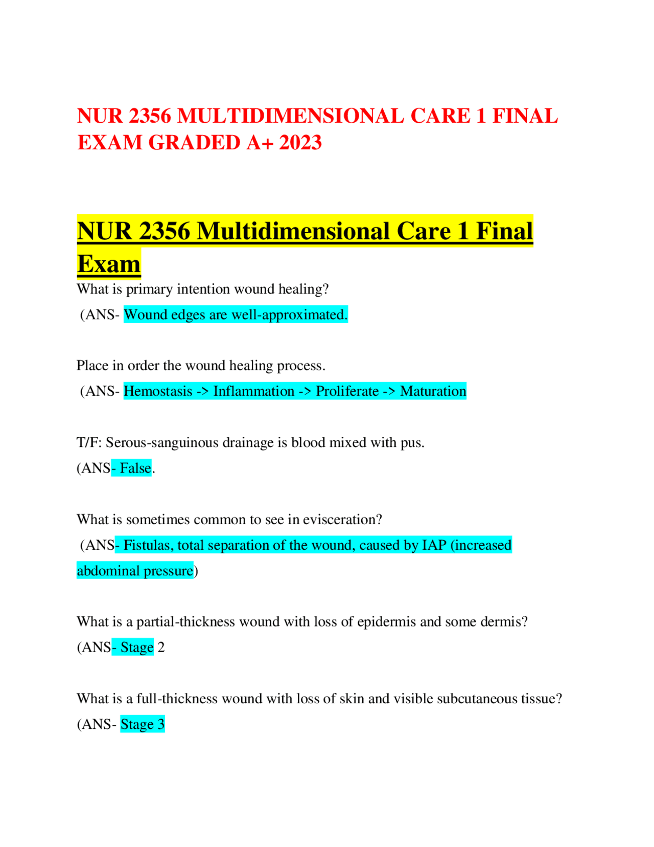 Nur 2356 Multidimensional Care 1 Final Exam Graded A 2023 Exams