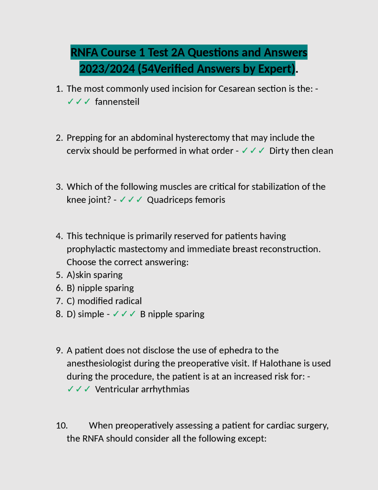 RNFA Course 1 Test 2A Questions and Answers 2023/2024 (54Verified ...