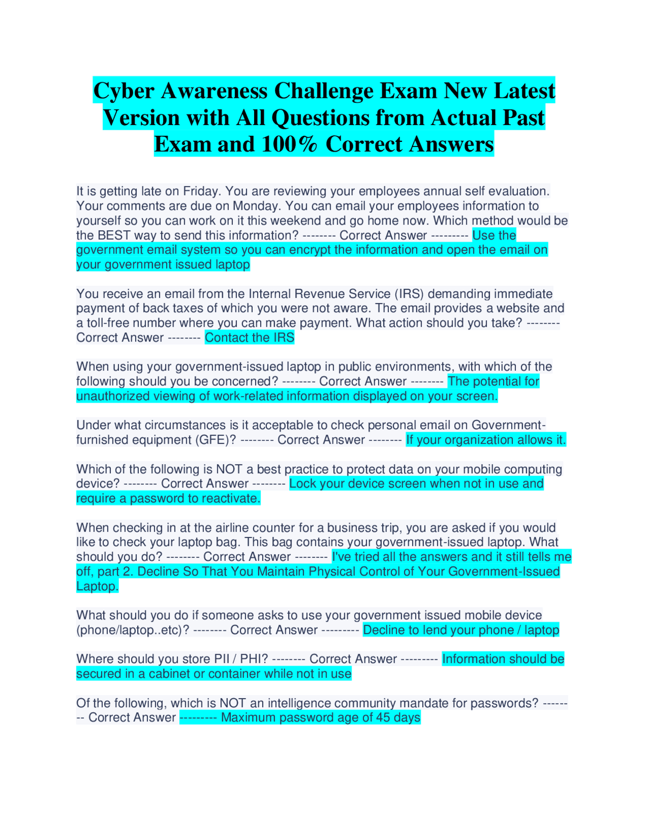 Cyber Awareness Challenge Exam New Latest Version | Exams Nursing | Docsity