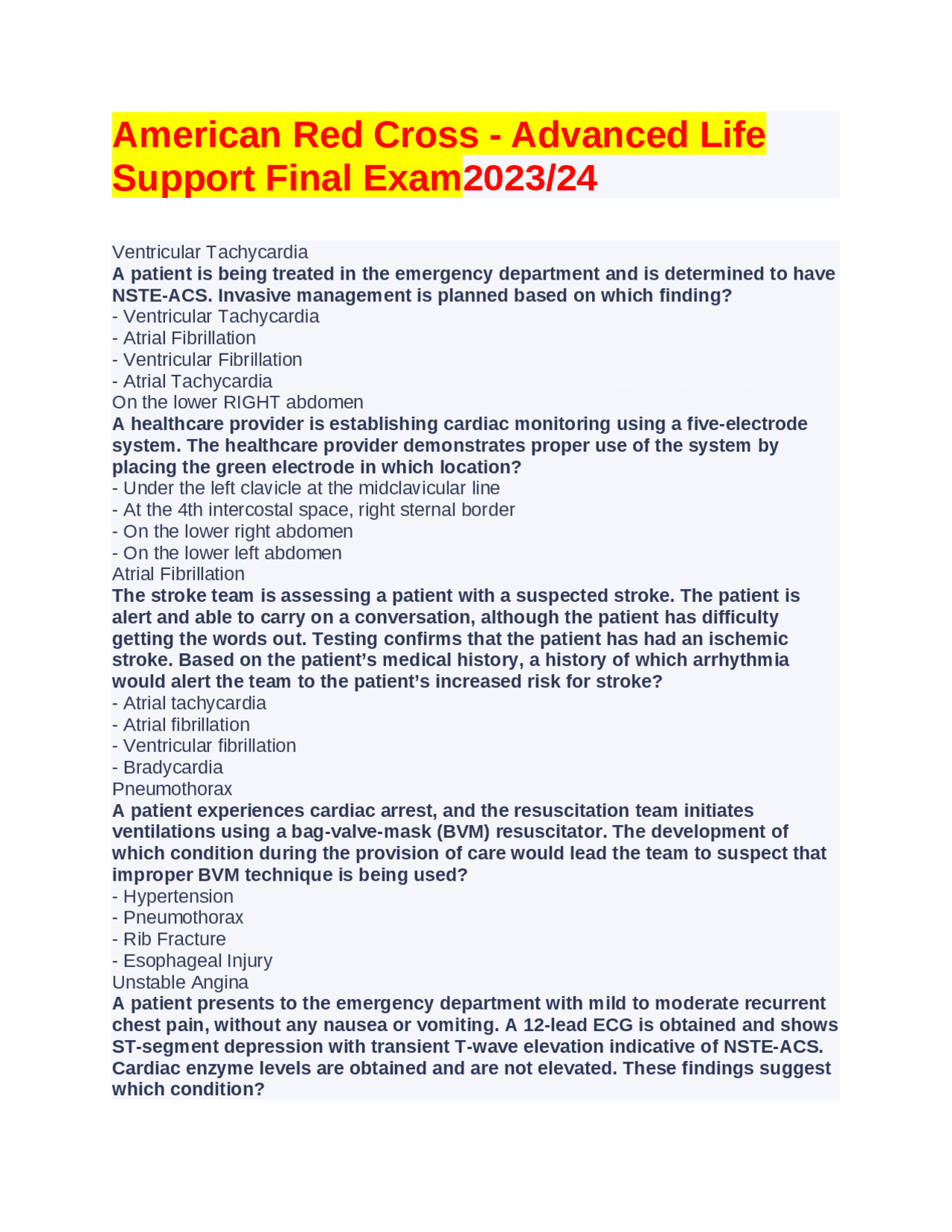 American Red Cross - Advanced Life Support Final Exam2023/24 | Exams ...