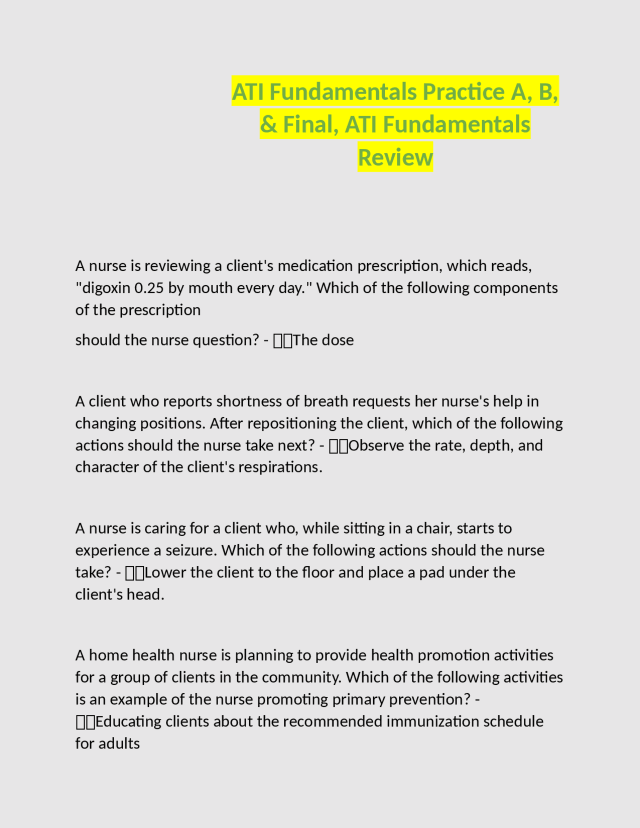 ATI Fundamentals Practice A, B, & Final, ATI Fundamentals Review ...
