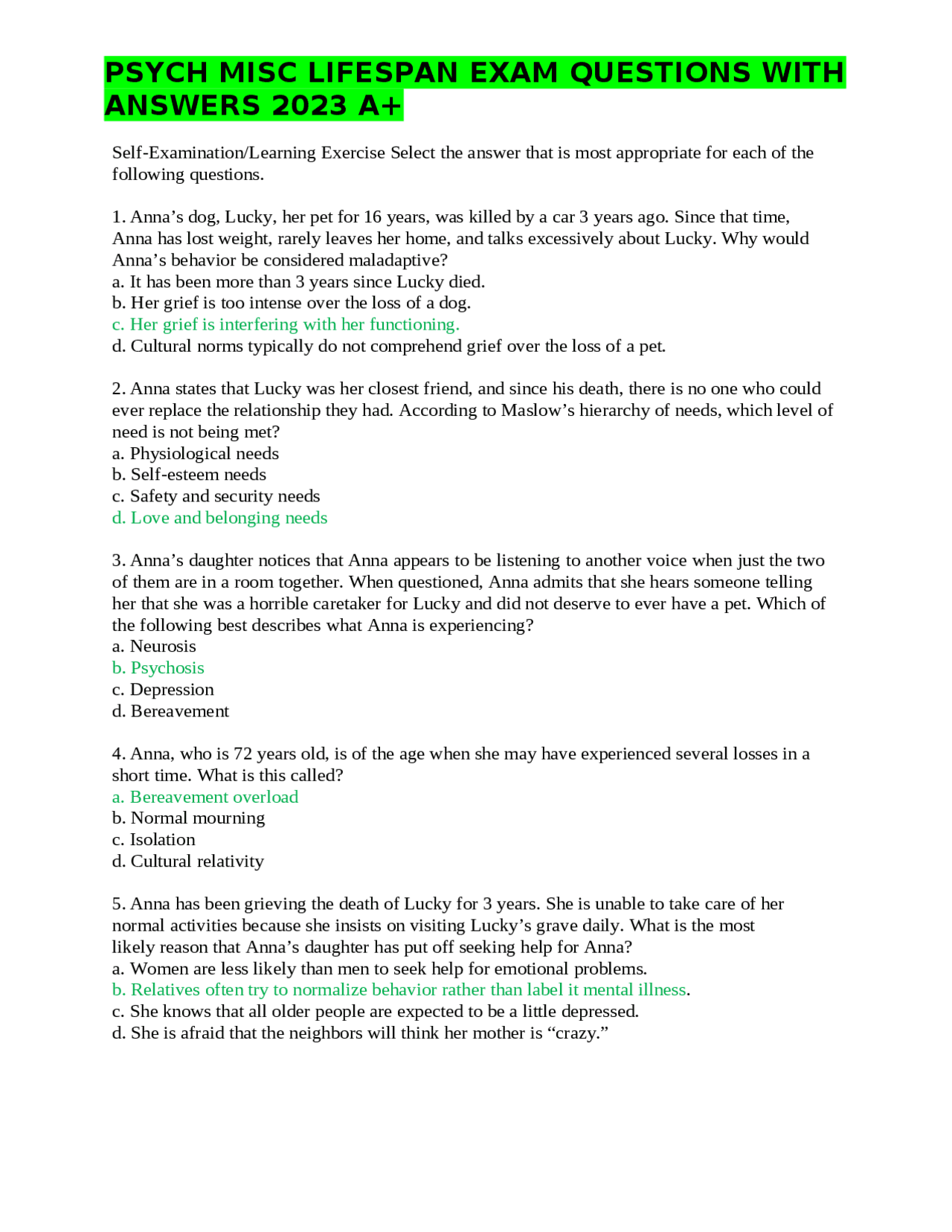 Psych Misc Lifespan Exam Questions With Answers 2023 A Exams Nursing