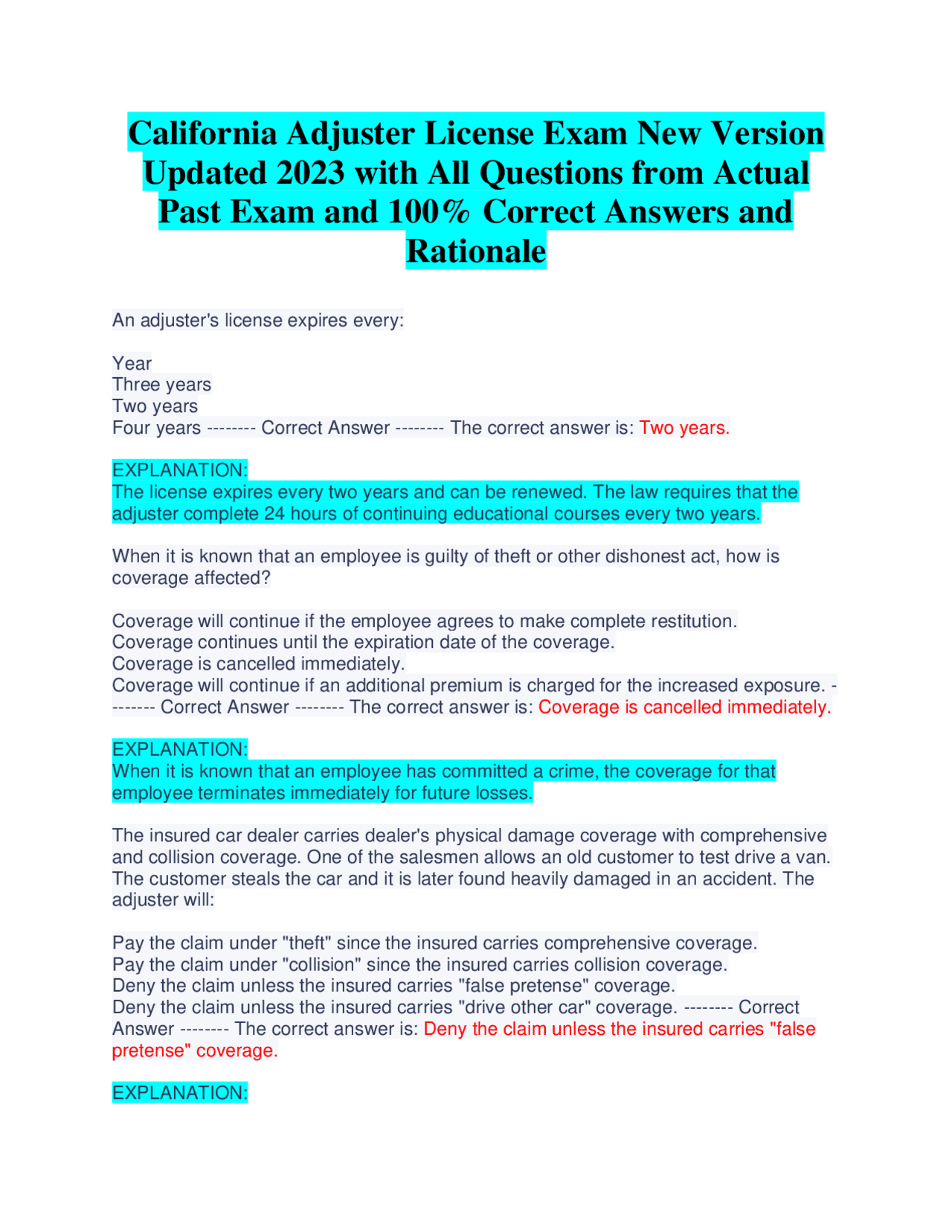 California Adjuster License Exam New Version Updated 2023 with All ...