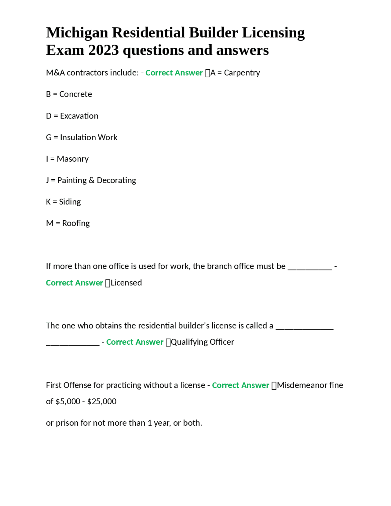Michigan Residential Builder Licensing Exam 2023 Questions And Answers