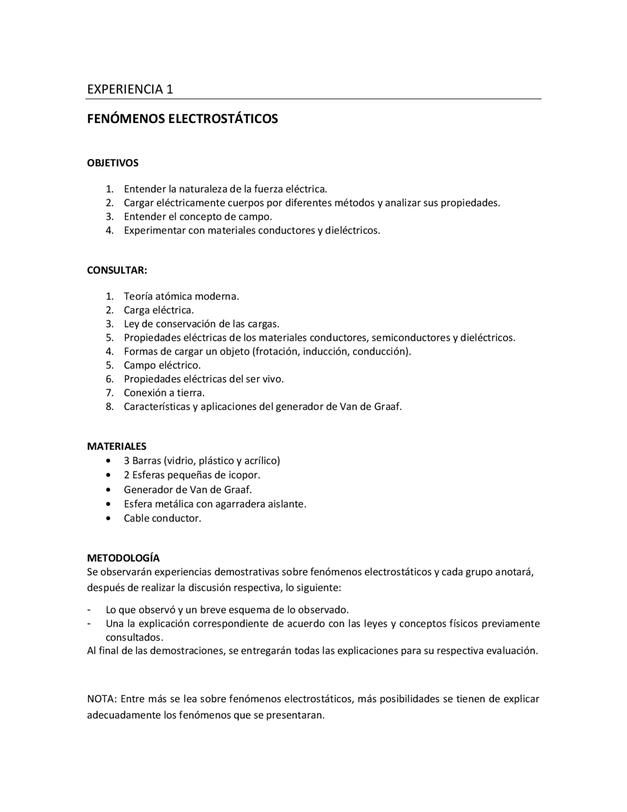 Experiencia 1 - Fenómenos electrostáticos | Guías, Proyectos, Investigaciones de ...