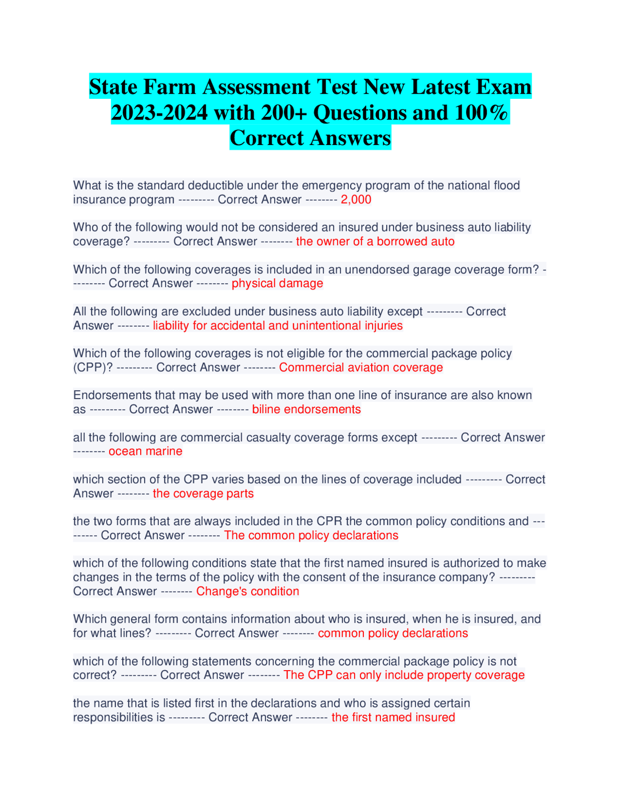 State Farm Assessment Test New Latest Exam 2023-2024 with 200 ...