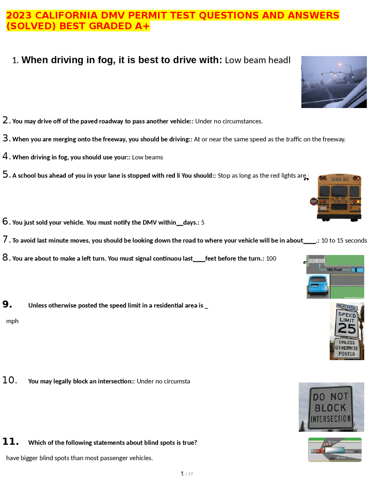 2023 CALIFORNIA DMV PERMIT TEST QUESTIONS AND ANSWERS (SOLVED) BEST ...