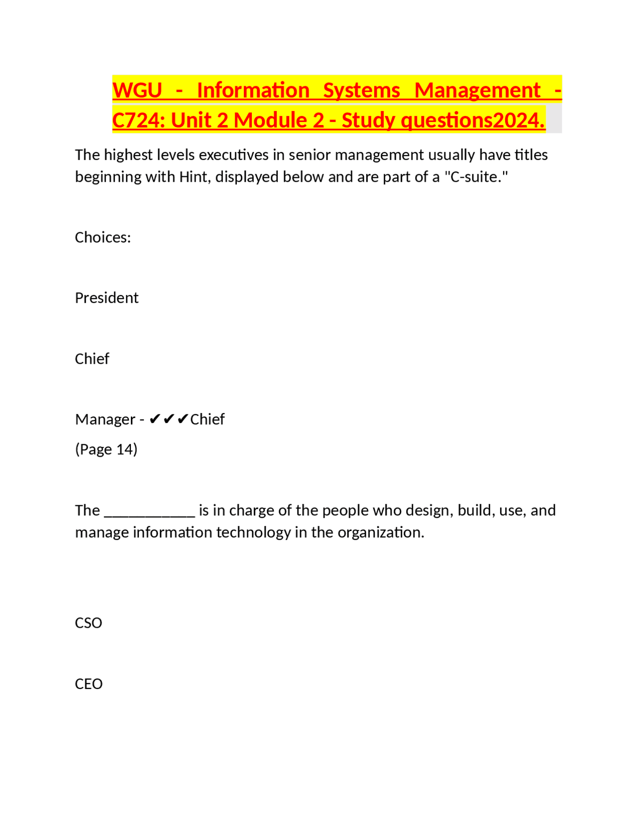 WGU - Information Systems Management - C724: Unit 2 Module 2 - Study ...