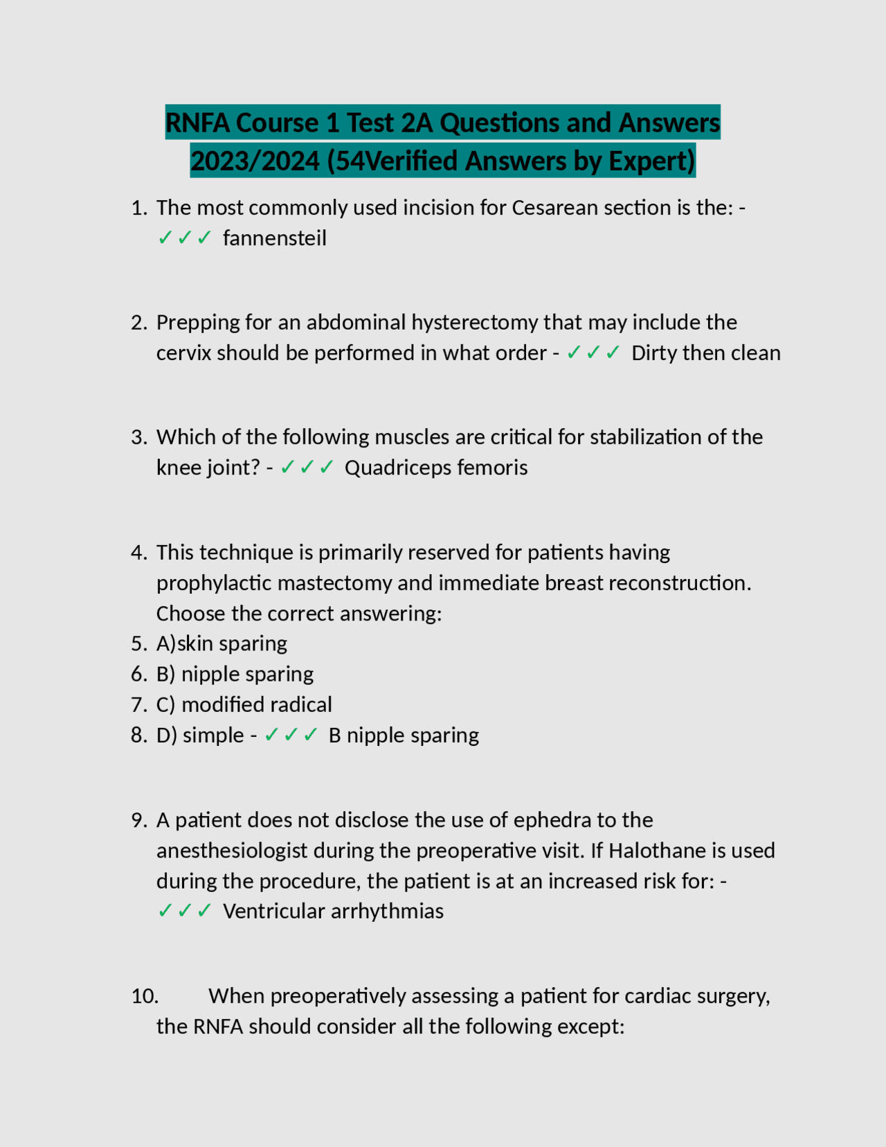 RNFA Course 1 Test 2A Questions and Answers 2023/2024 (54Verified ...