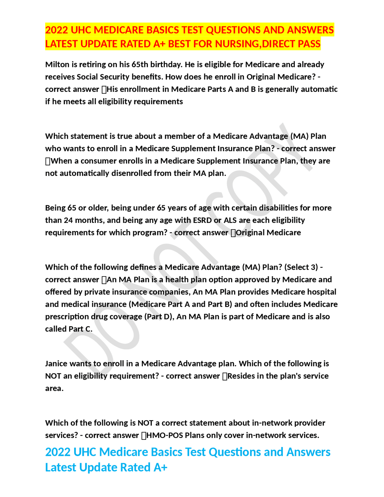 2022 UHC MEDICARE BASICS TEST QUESTIONS AND ANSWERS LATEST UPDATE RATED ...