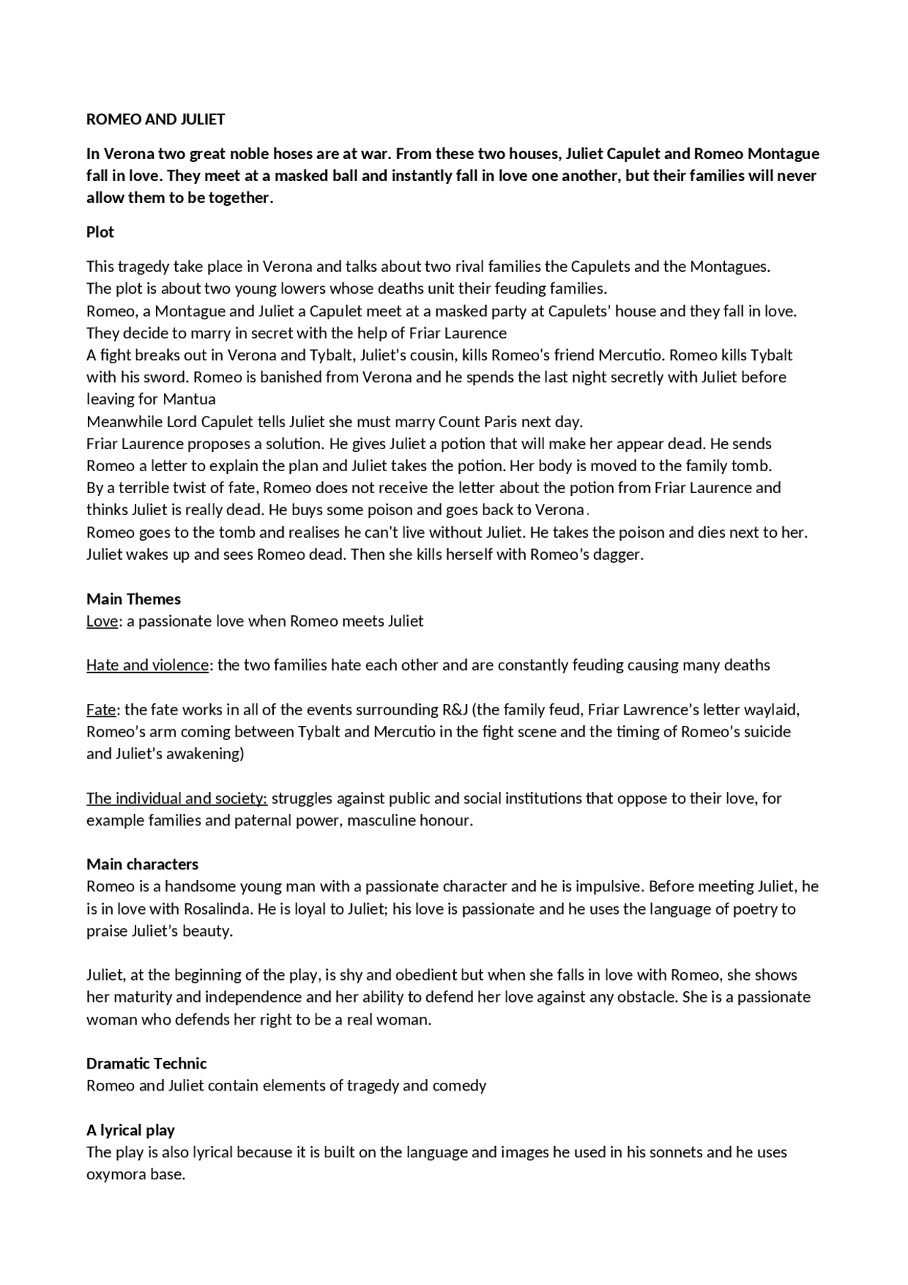 ROMEO AND JULIET PLOT SUMMARY MAIN THEMES, MAIN CHARACTERS , | Appunti ...