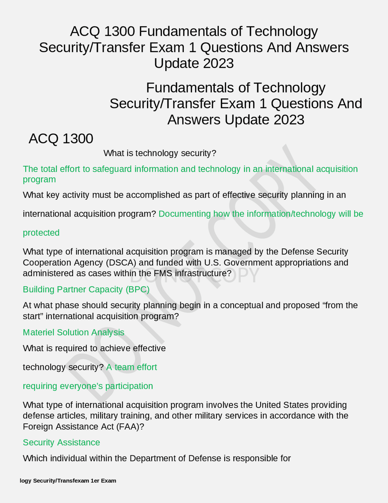 ACQ 1300 Fundamentals of Technology Security/Transfer Exam 1 Questions ...