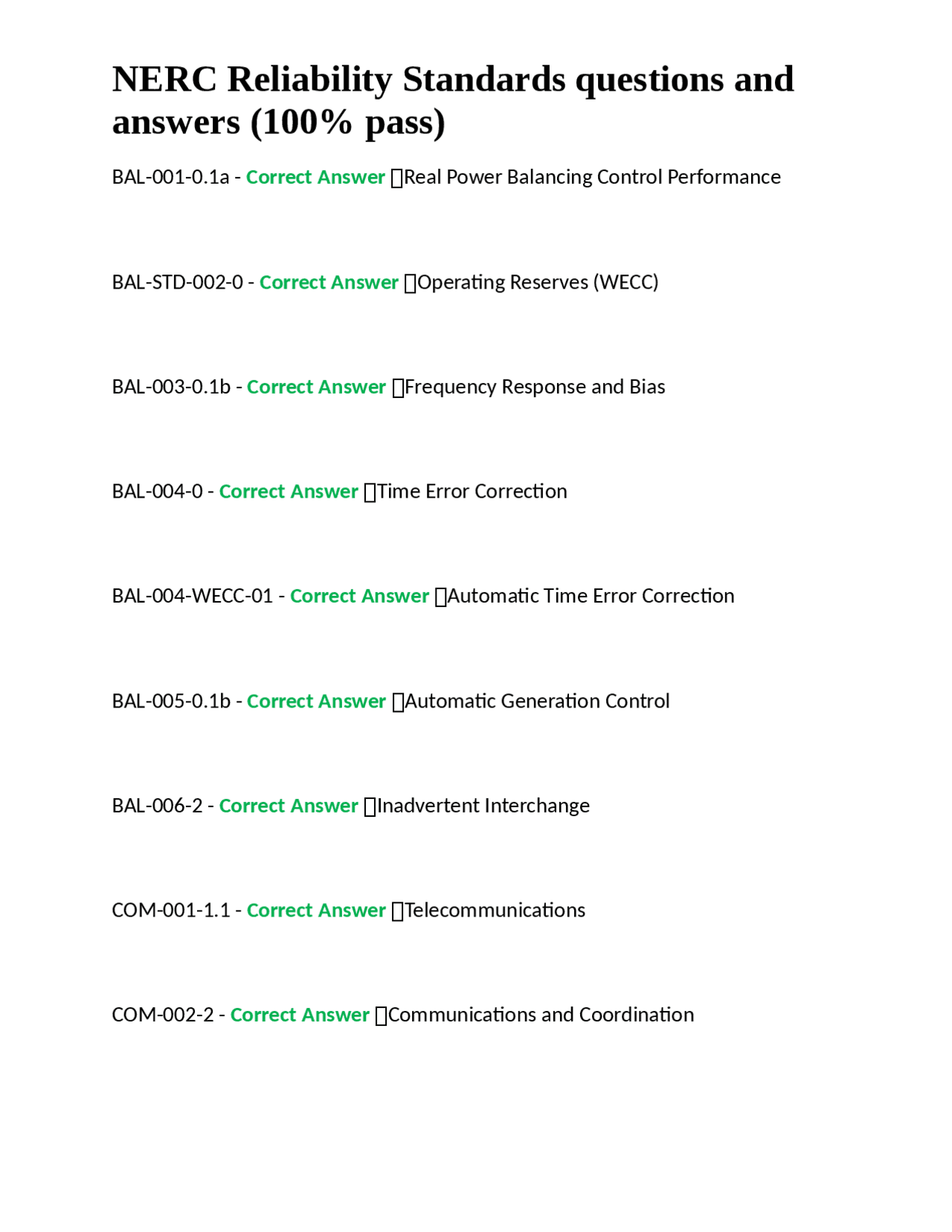 Nerc Reliability Standards Questions And Answers 100 Pass Exams Nursing Docsity