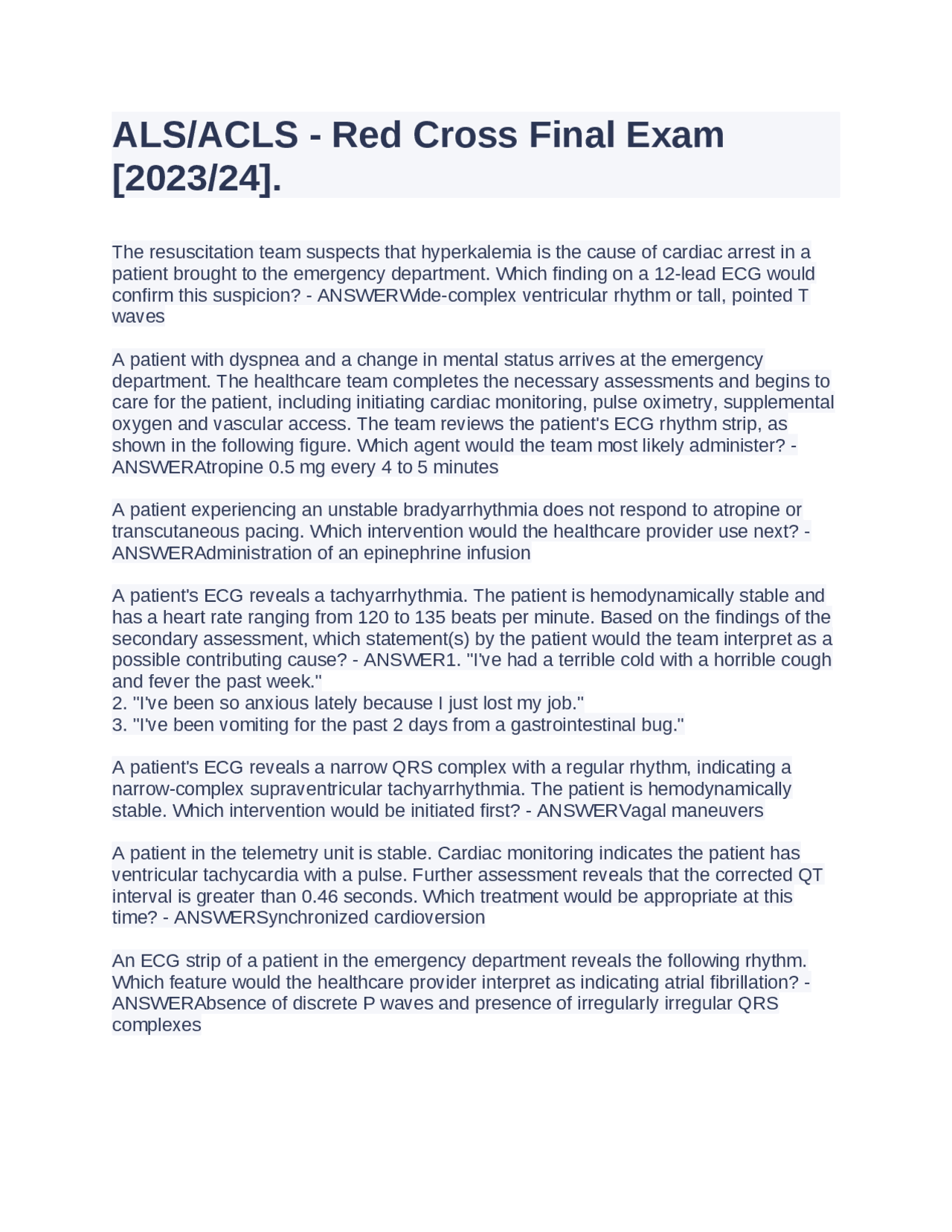 Alsacls Red Cross Final Exam 202324 Exams Nursing Docsity
