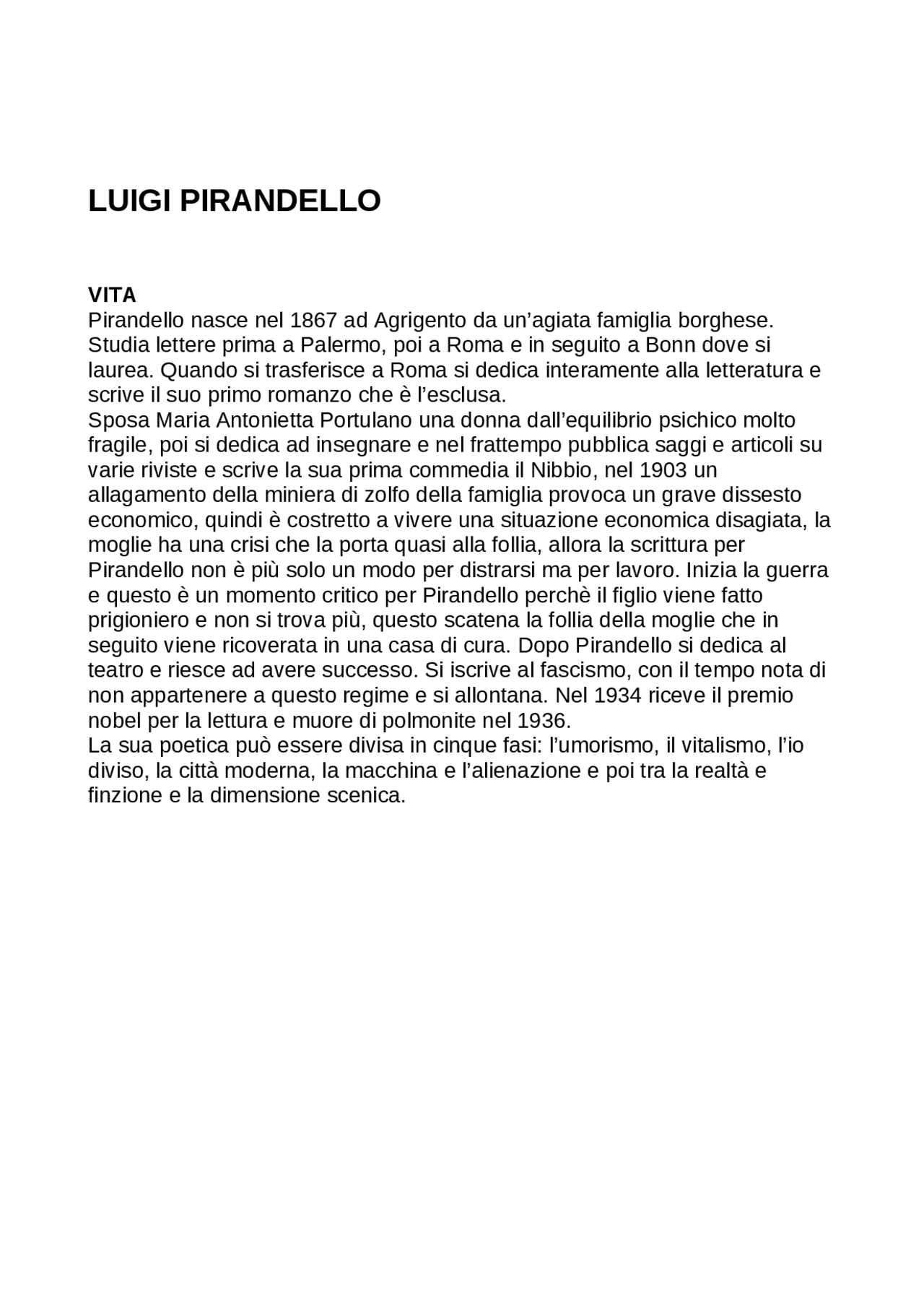 Luigi Pirandello E Opere Appunti Di Italiano Docsity