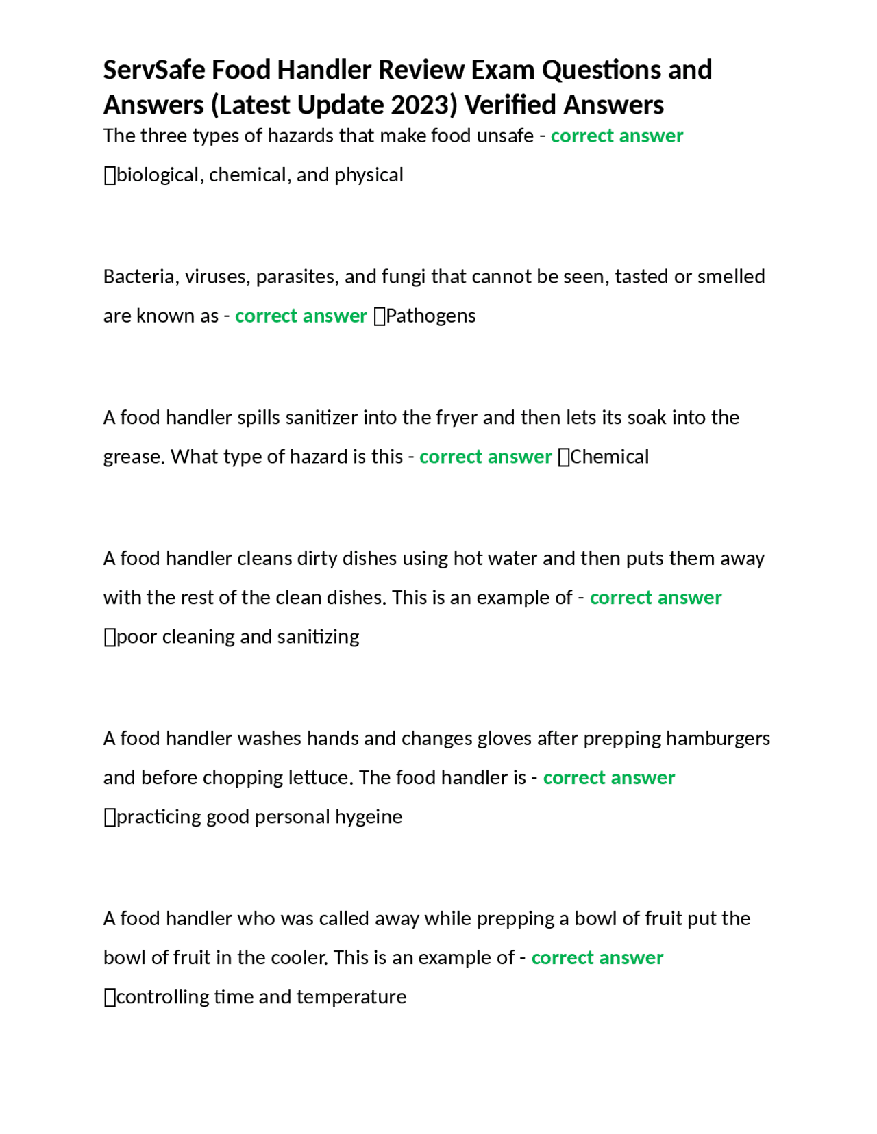 ServSafe Food Handler Review Exam Questions and Answers (Latest Update ...