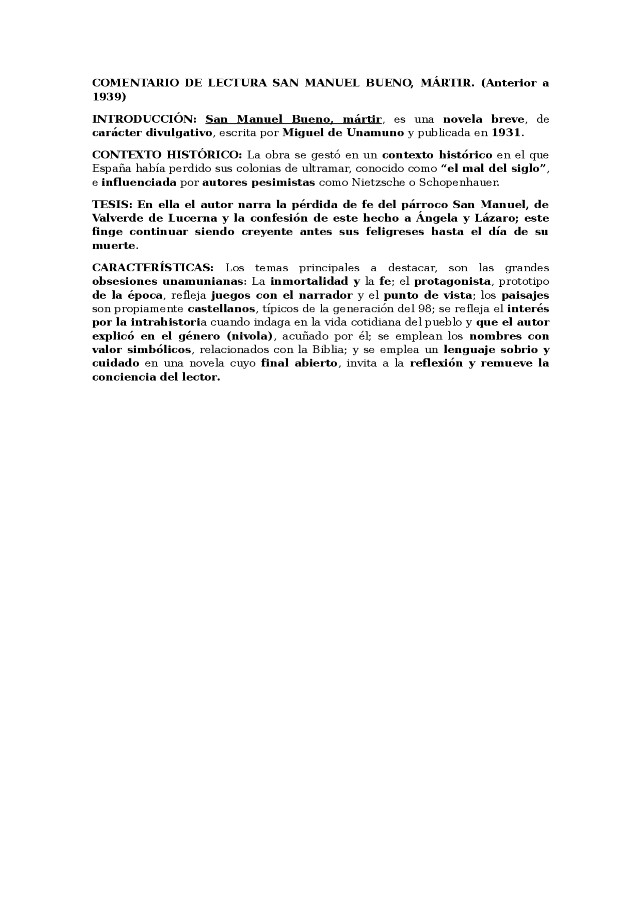 Comentario de lectura; San Manuel Bueno, mártir. | Guías, Proyectos ...