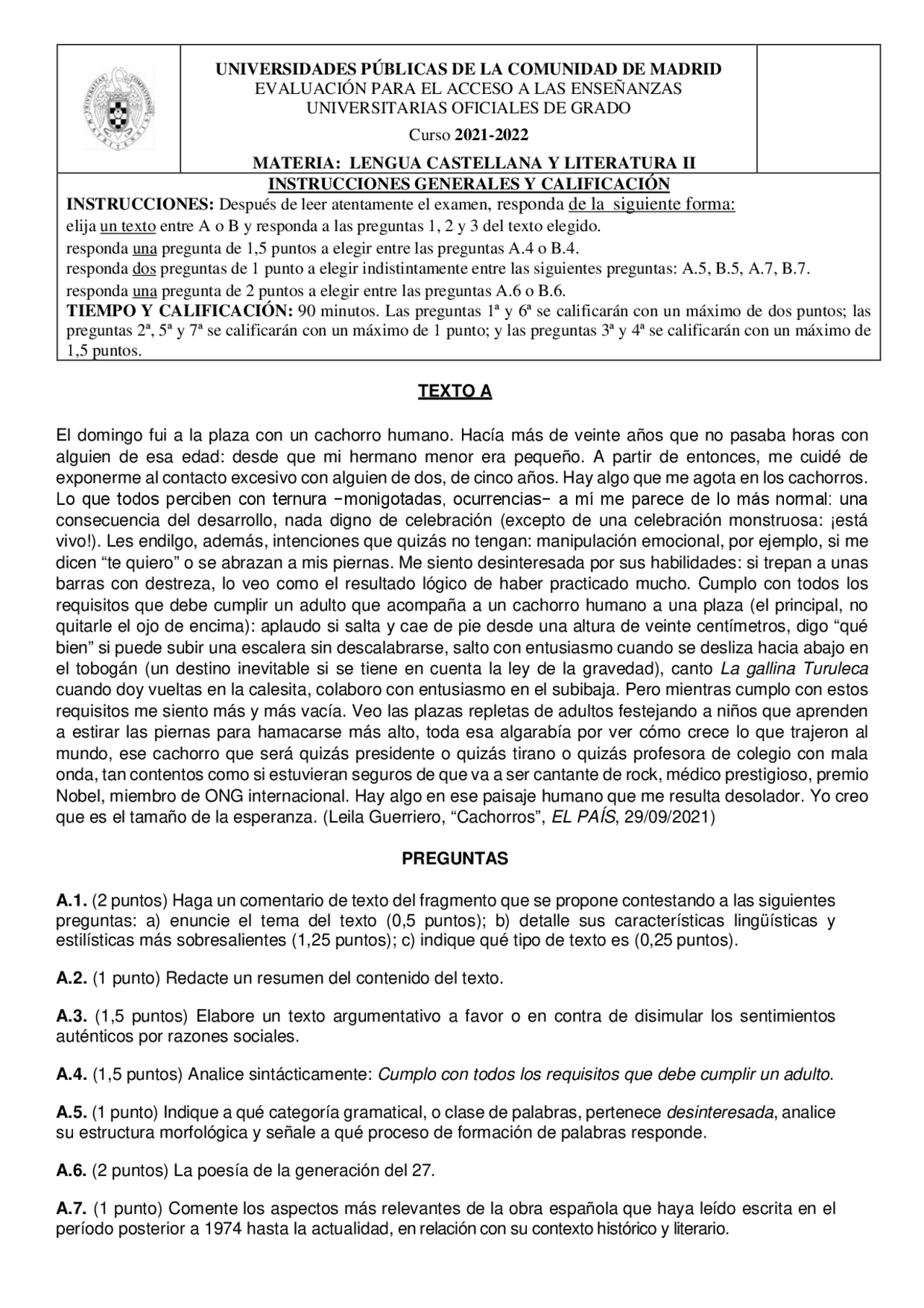 Examen De Selectividad De Lengua 2022 A 2023 Exámenes Selectividad