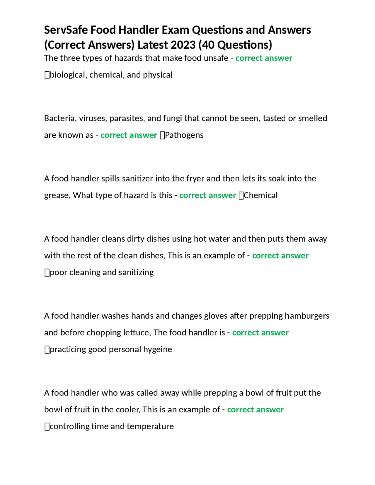 ServSafe Food Handler Exam Questions and Answers (Correct Answers ...