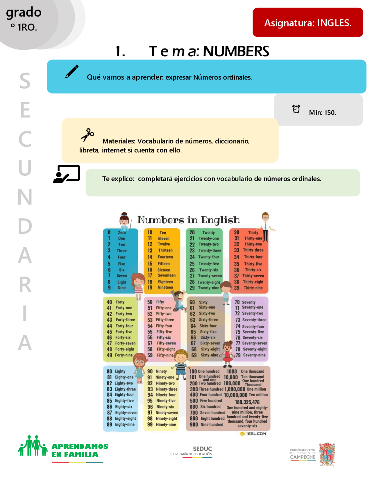 vocabulario y números | Exercises English | Docsity