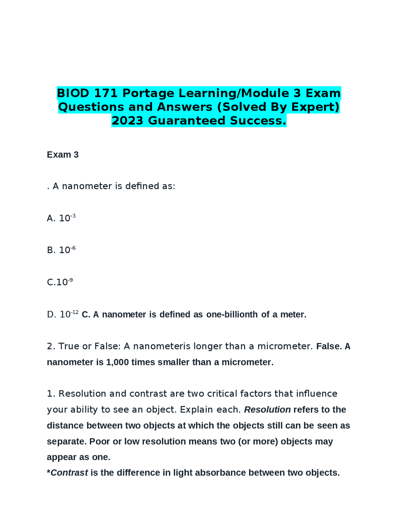 Microscopy Exam Questions and Answers | Exams Biology | Docsity