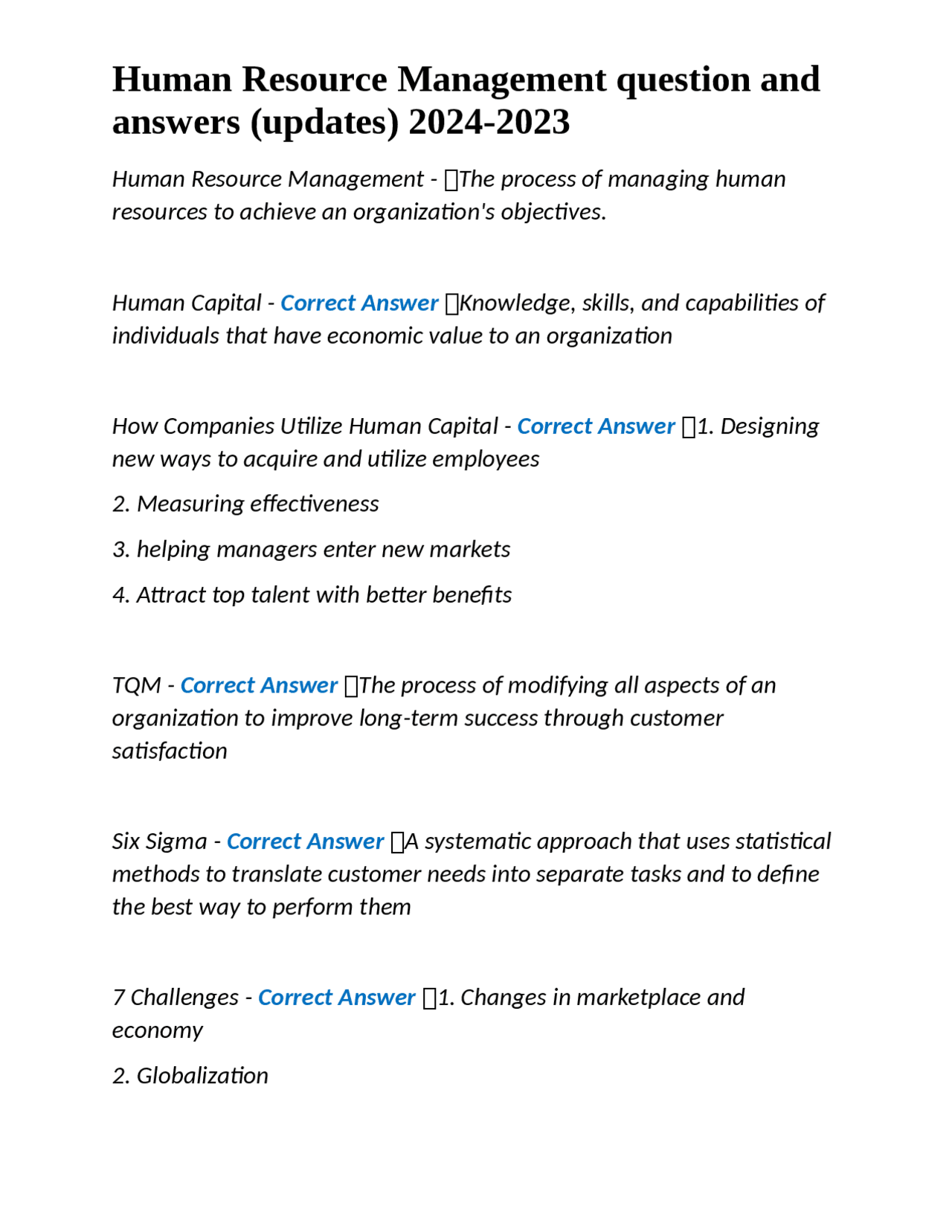 Human Resource Management: Questions and Answers | Exams Nursing | Docsity