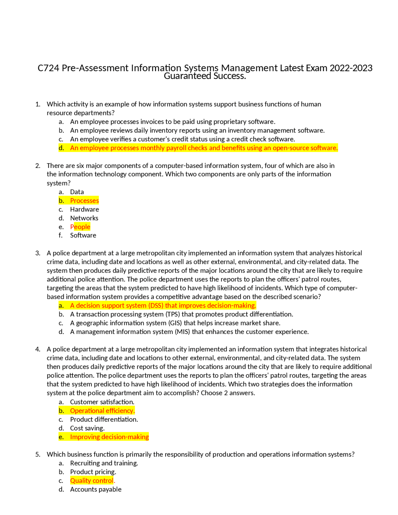 C724 Pre-Assessment Information Systems Management Latest Exam 2022 ...